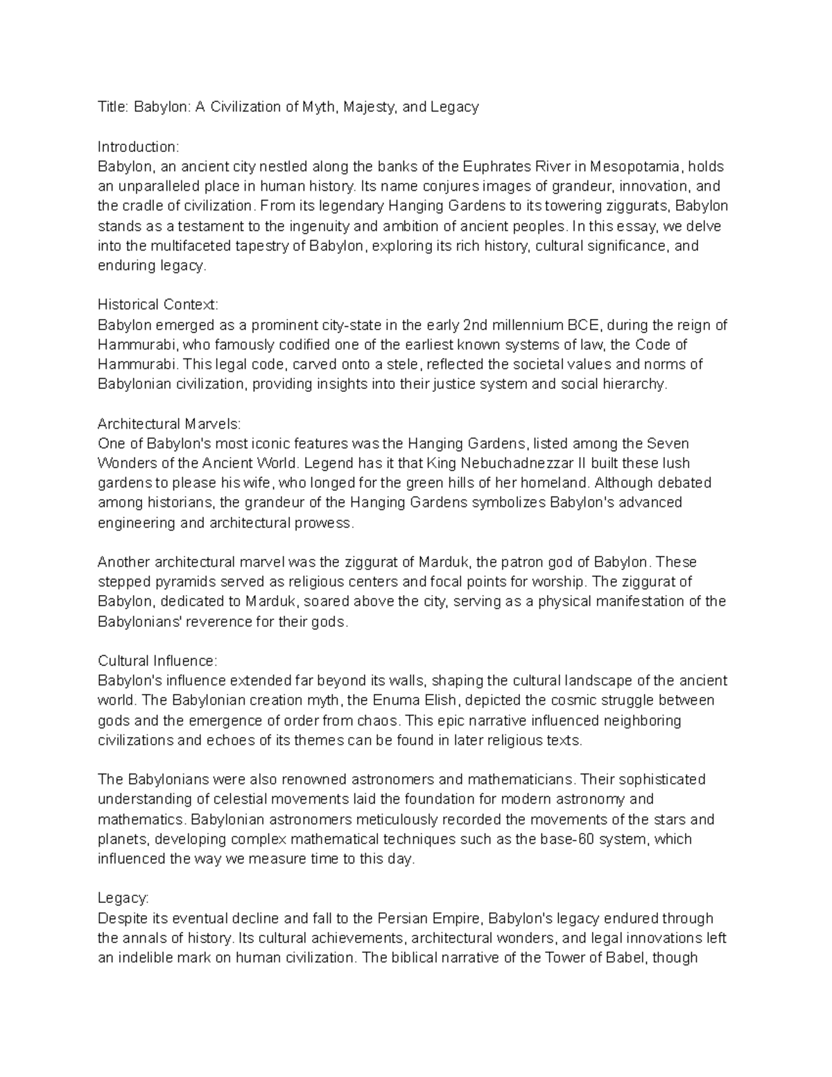 Untitled document - Babylon Essay outline - Title: Babylon: A ...