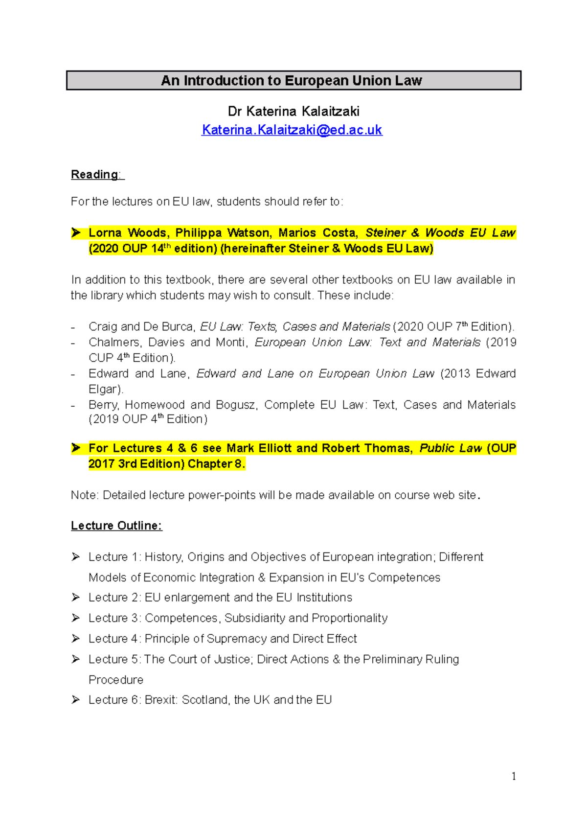 EU law lecture handout - An Introduction to European Union Law Dr Katerina Kalaitzaki Katerina ...