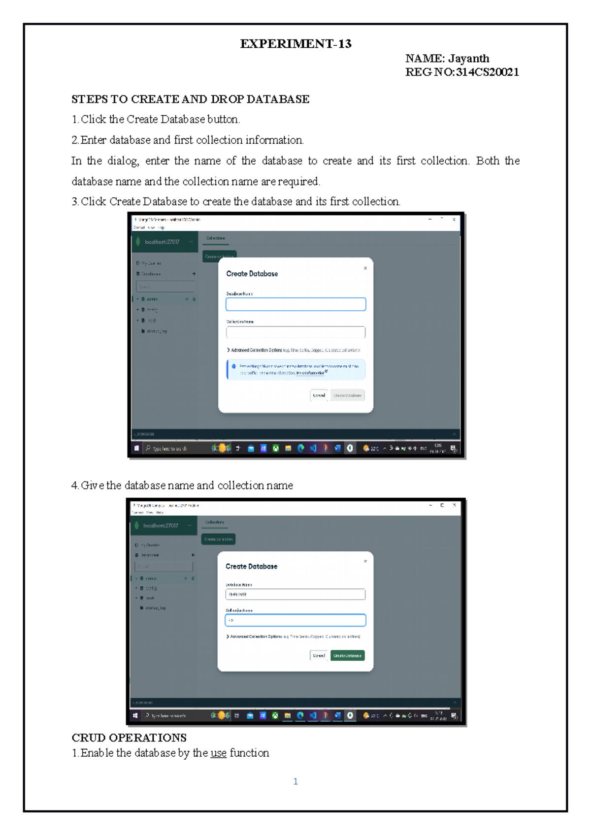 Experiment 13jj Tfdyht Name Jayanth Reg No314cs Steps To Create And Drop Database 1 The 