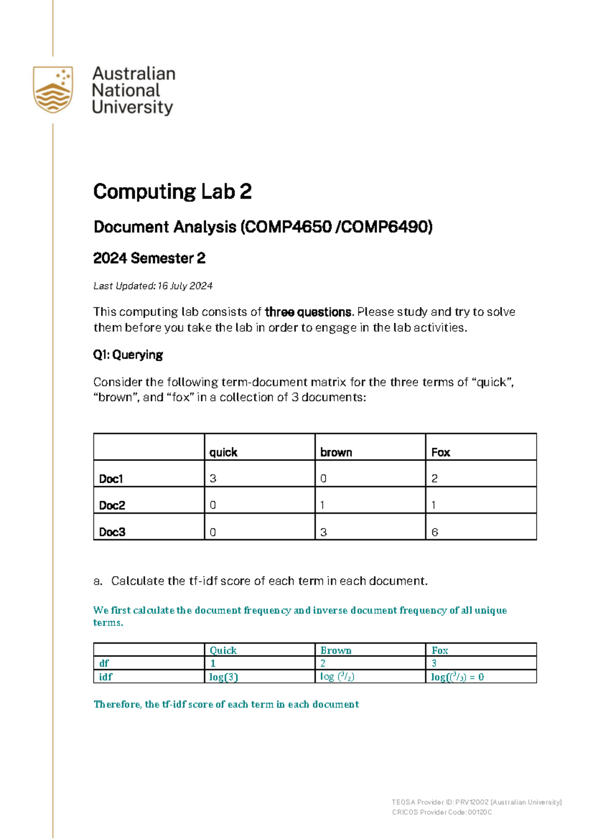 Computing Lab 2 solutions - TEQSA Provider ID: PRV12002 (Australian University) CRICOS Provider ...