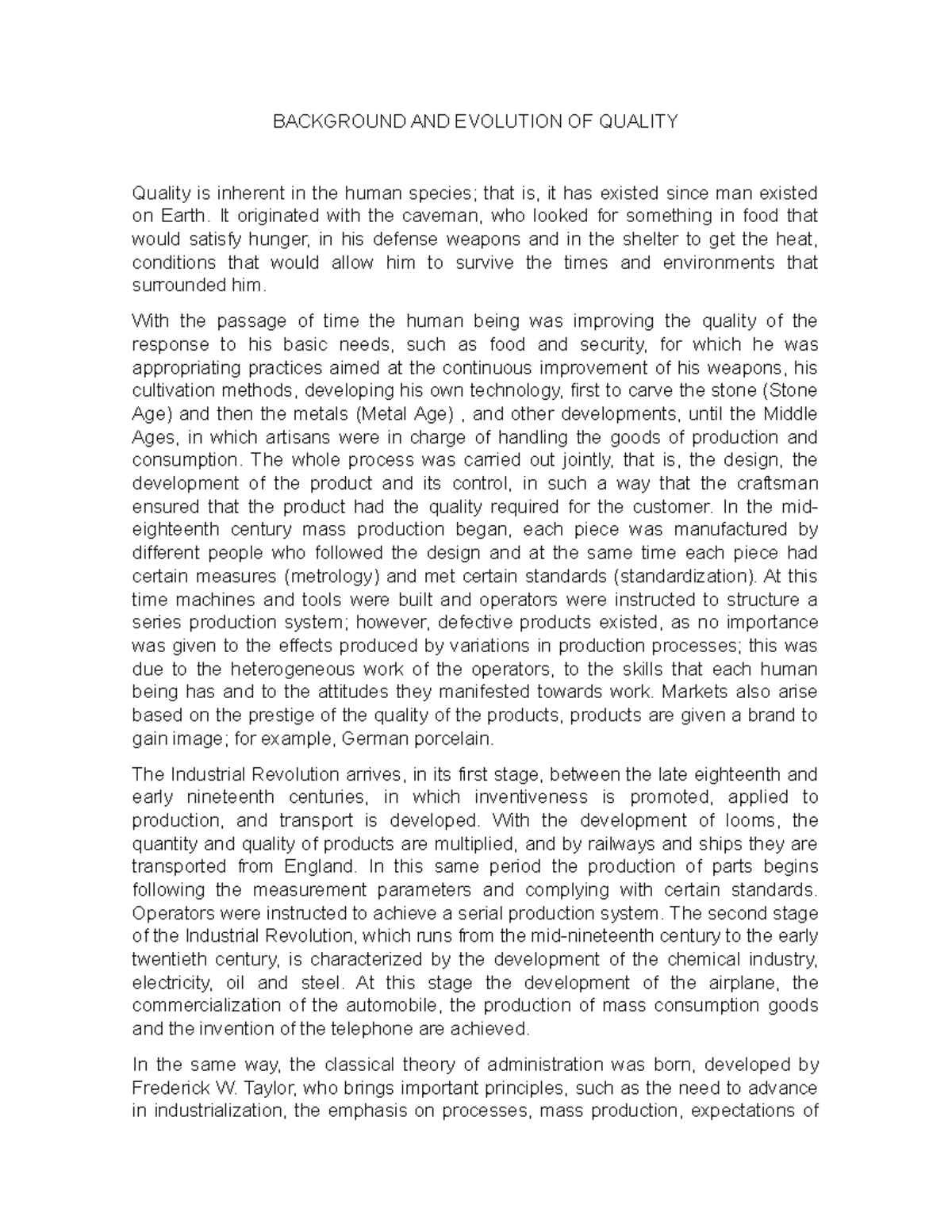 BACKGROUND AND EVOLUTION OF QUALITY - BACKGROUND AND EVOLUTION OF ...