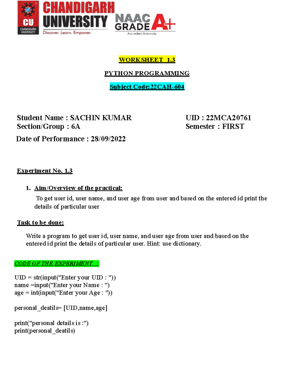 1.3 final pytho - YTH - WORKSHEET 1. PYTHON PROGRAMMING Subject Code ...