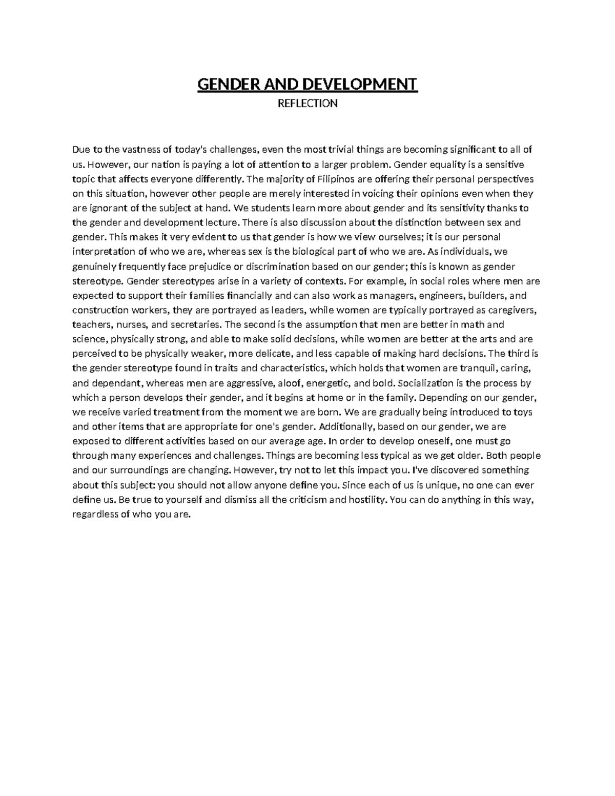 Gender AND Development Reflection - GENDER AND DEVELOPMENT REFLECTION ...