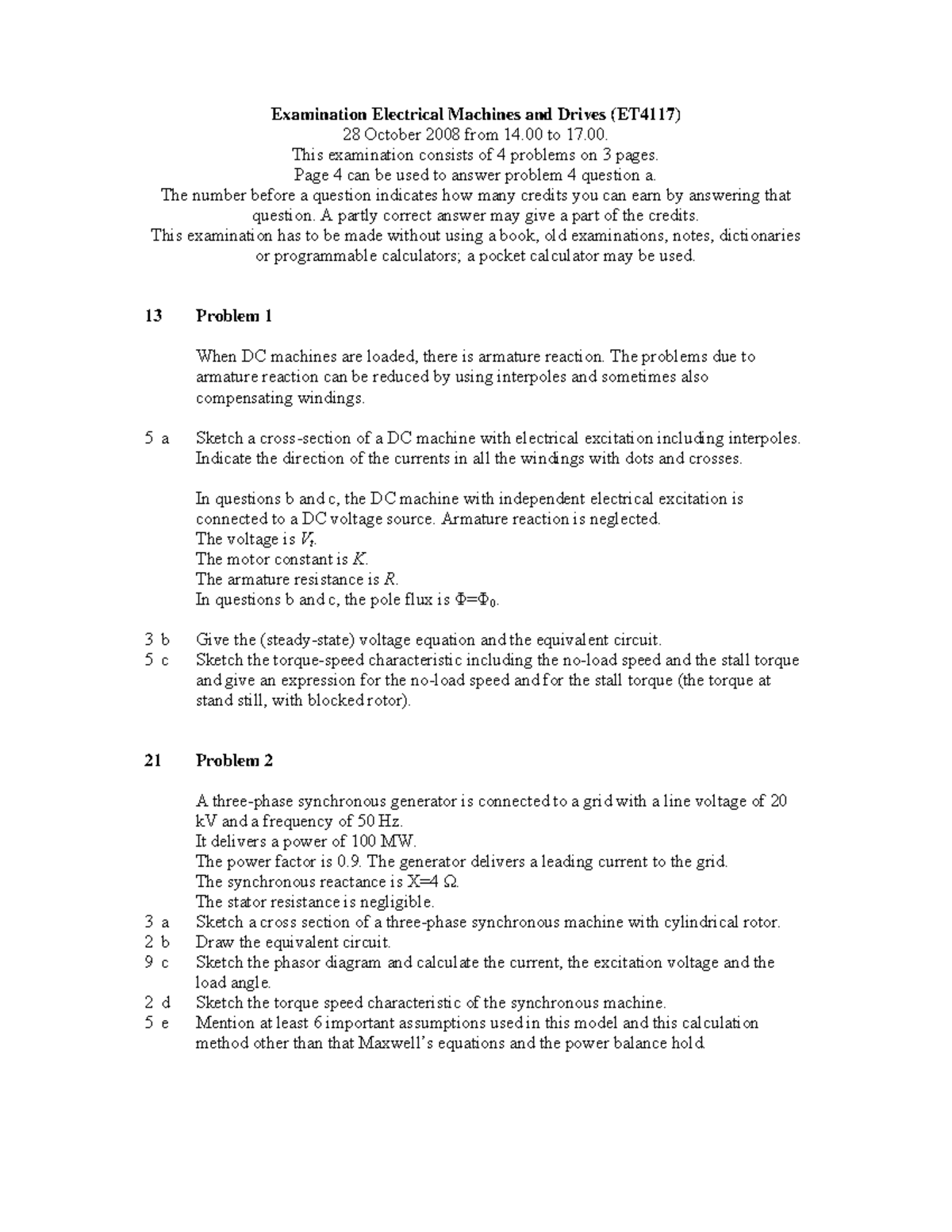 Exam Electrical Machines and Drives October 28, 2008, questions and ...