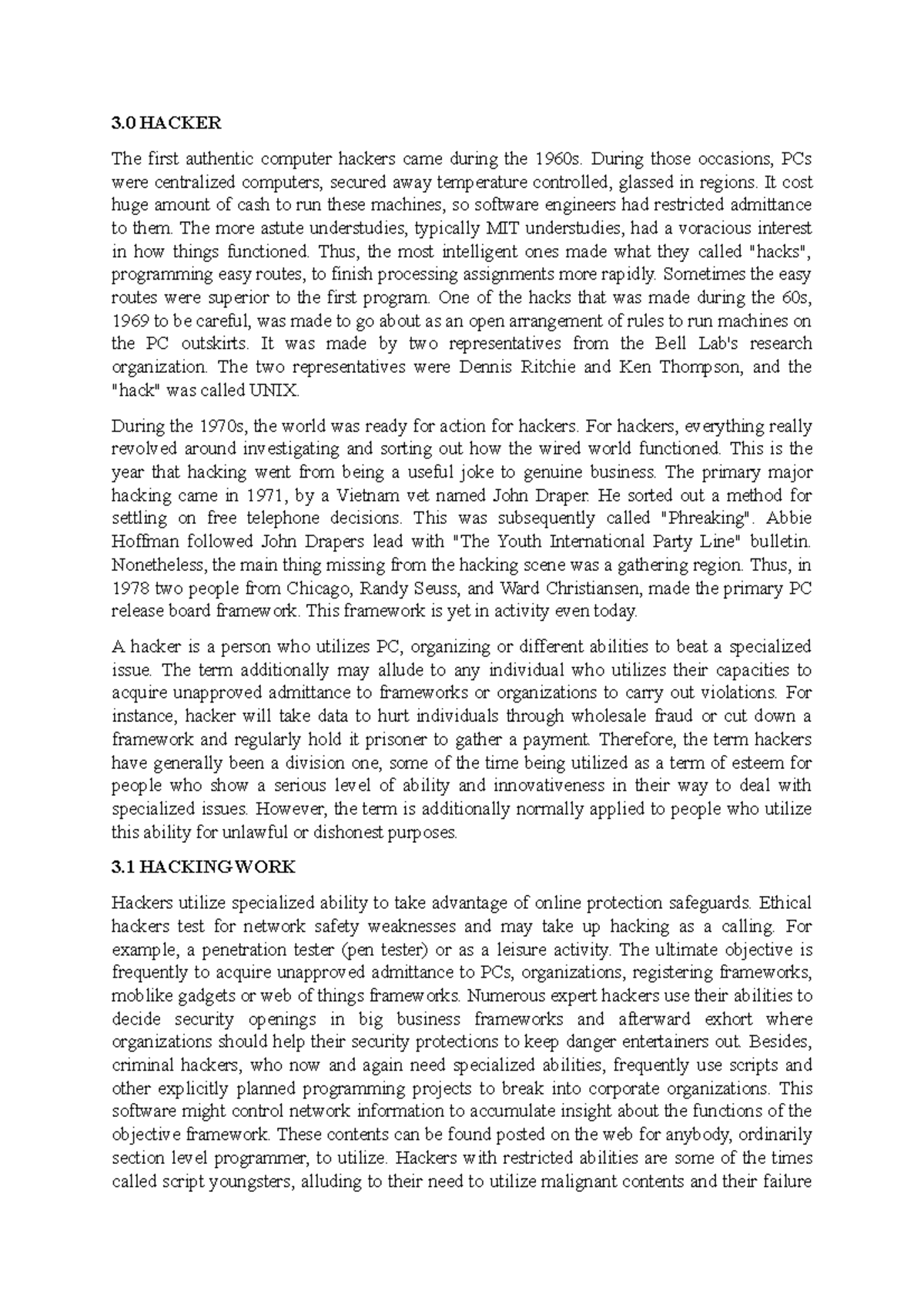 Hacker (Writing Report) - 3 HACKER The first authentic computer hackers ...