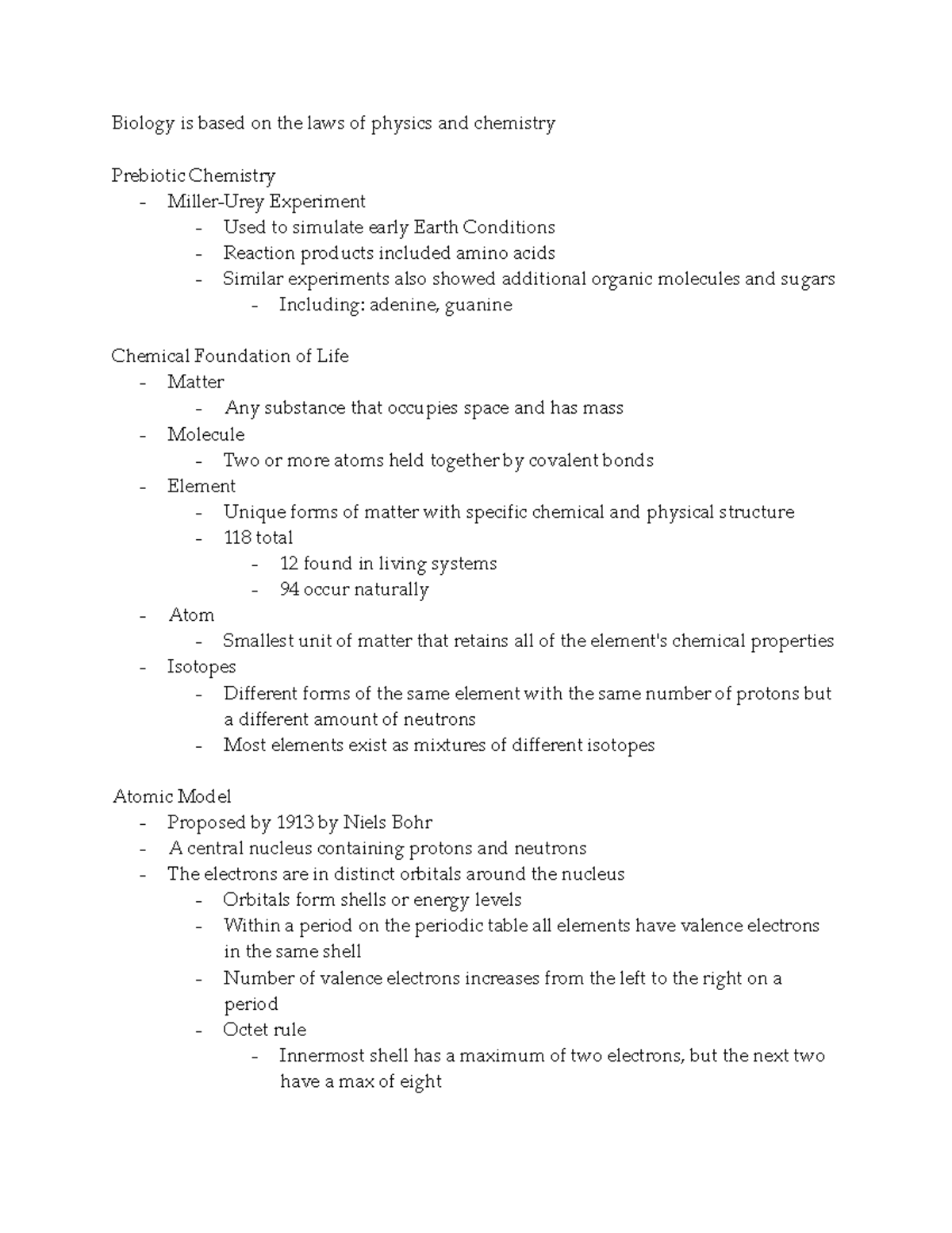Chapter 2 - The Chemical Foundation of Life - Biology is based on the ...