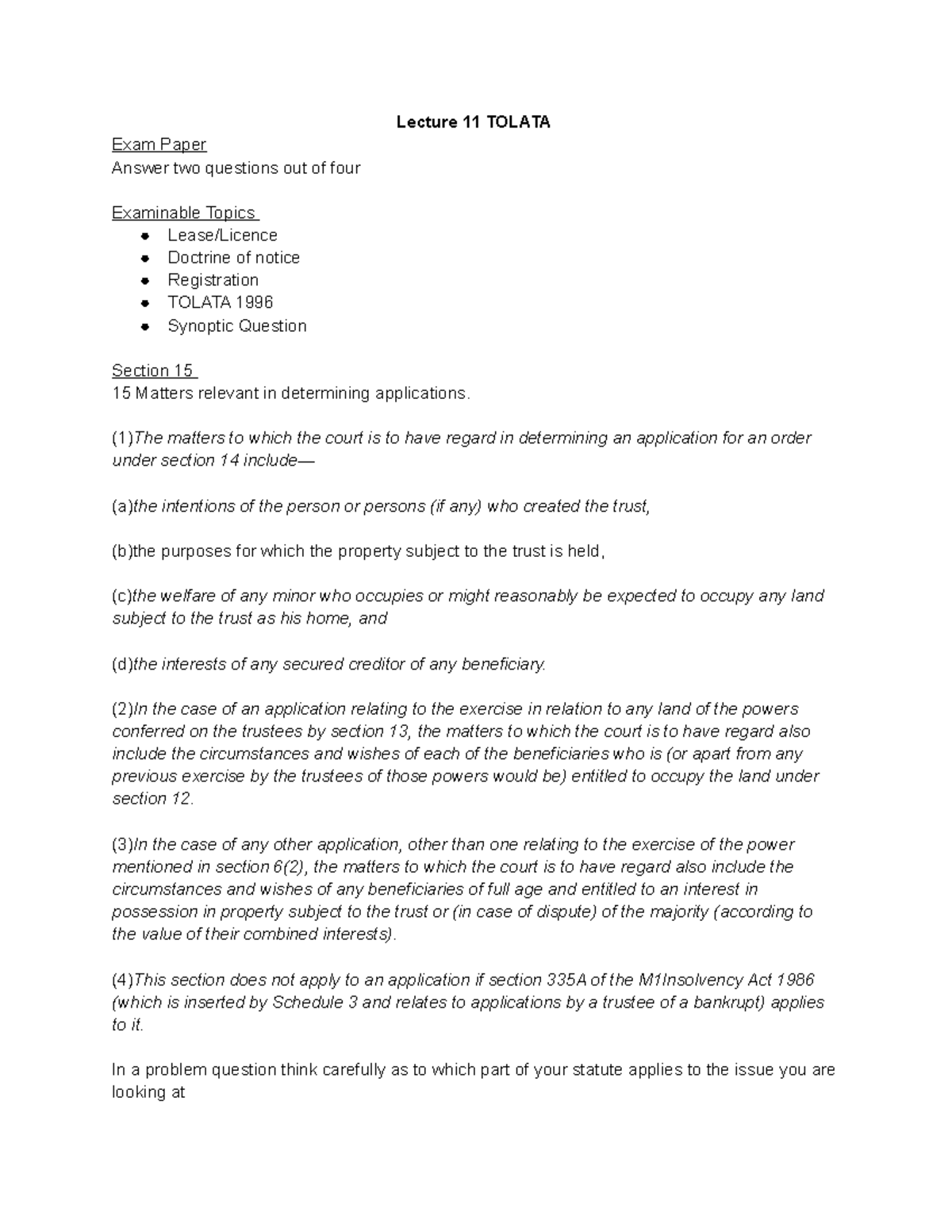 Lecture 11 Tolata - Lecture 11 TOLATA Exam PaperAnswer two questions ...