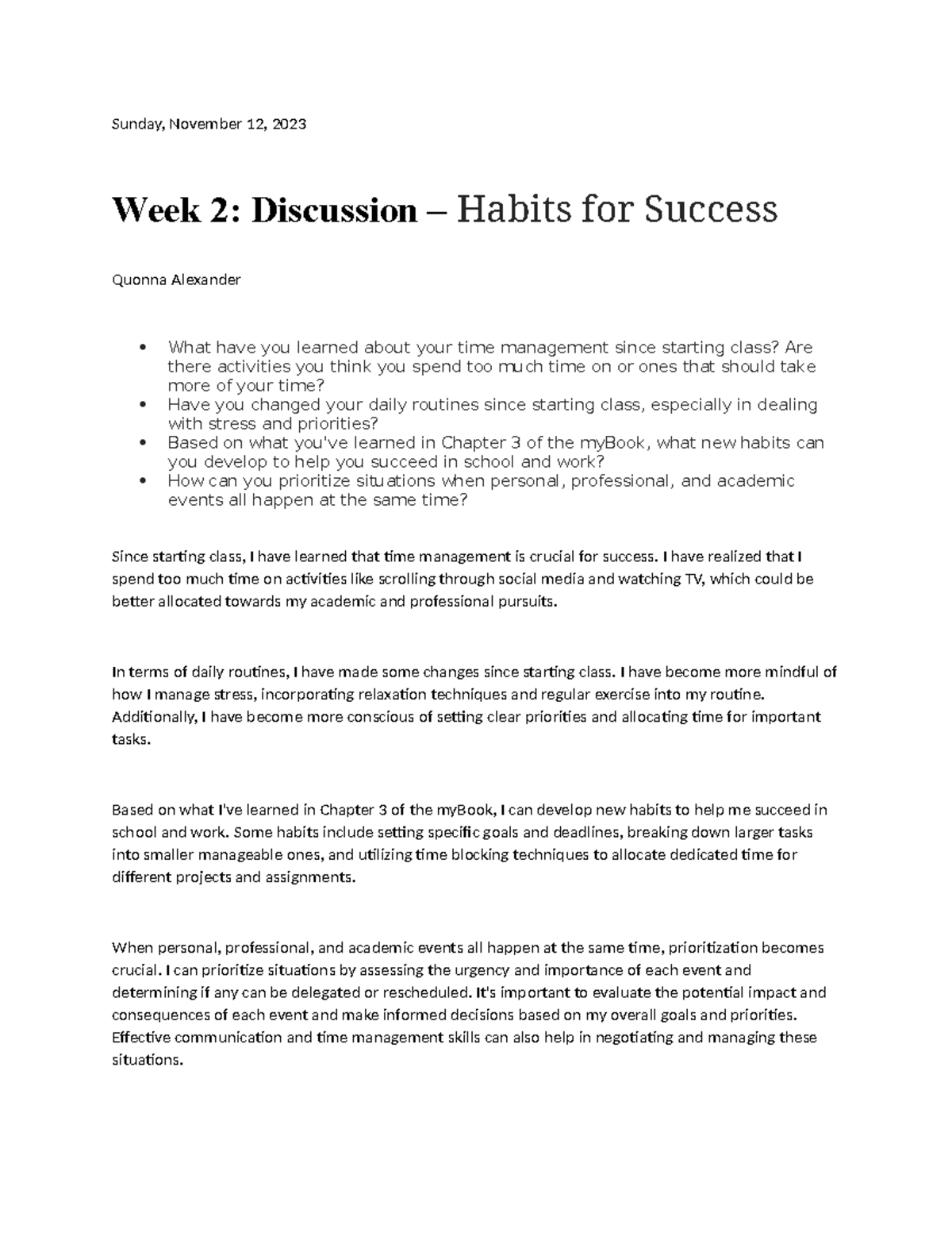 Sunday Week 2 Discussion Habits for Success - Sunday, November 12, 2023 ...