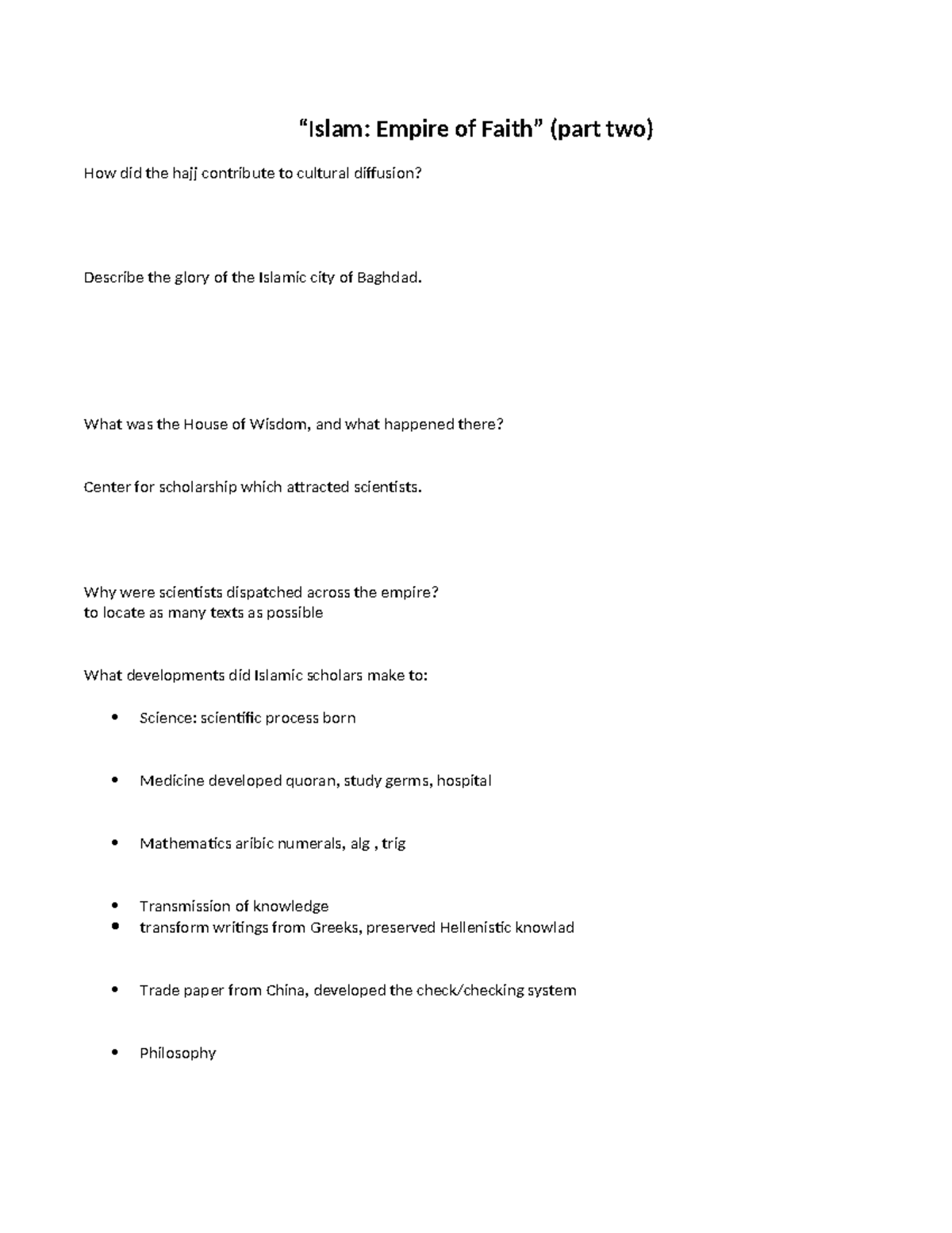 Empire of Faith Part Two video questions - “Islam: Empire of Faith ...