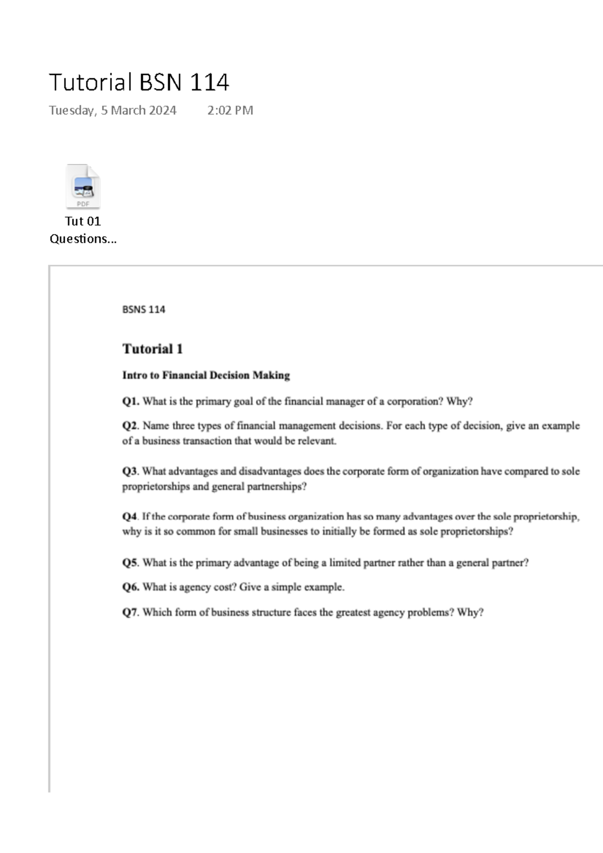 Tutorial BSN 114 - Tut 01 Ques*ons... Tutorial BSN 114 Tuesday, 5 March ...