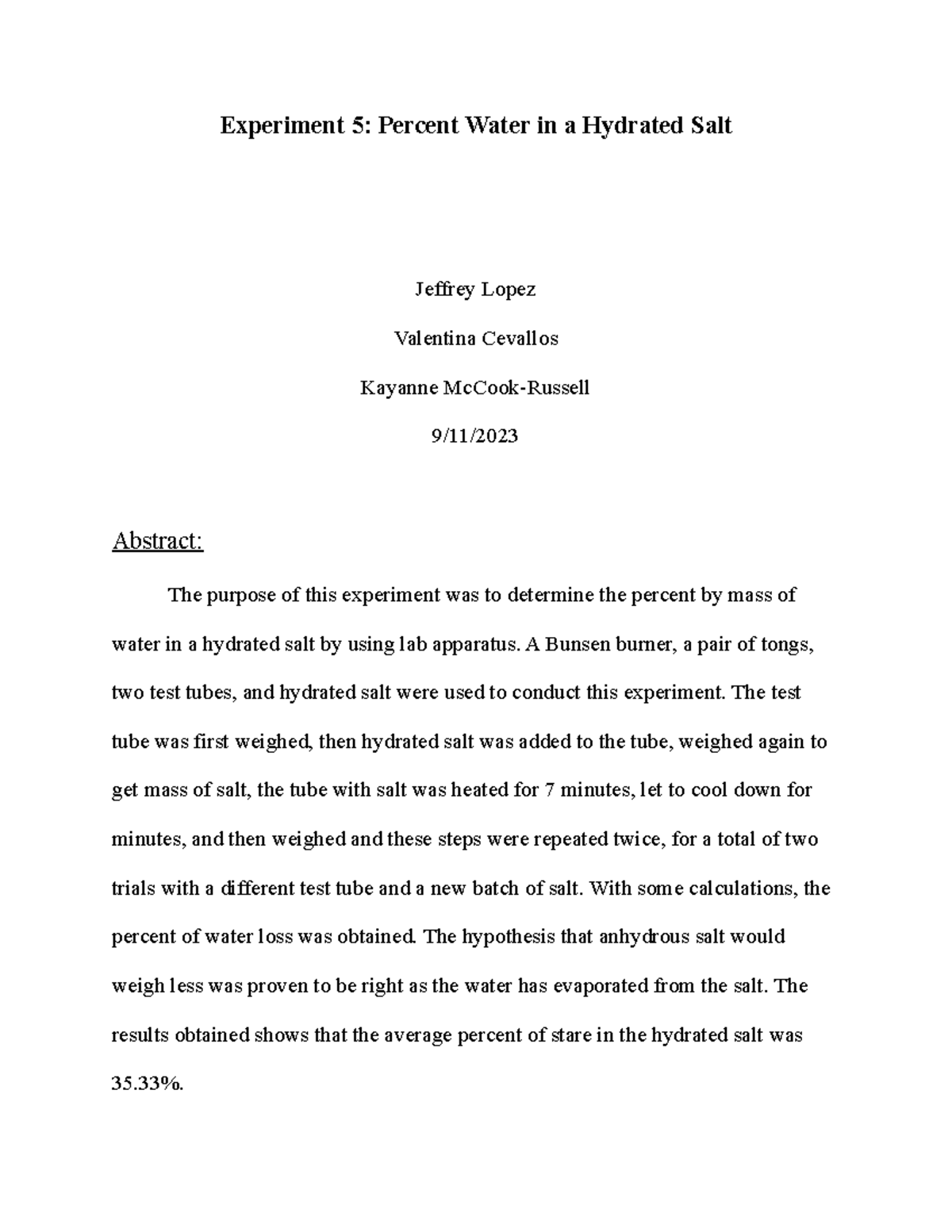 Chem Lab report exp 5 pdf - Experiment 5: Percent Water in a Hydrated ...