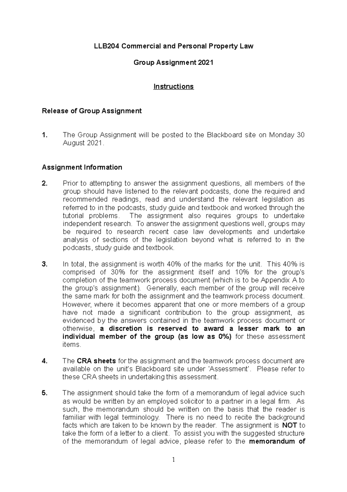 Assignment Instructions 2021 - LLB204 Commercial and Personal Property ...