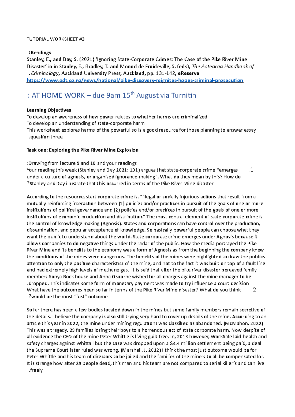 TUT Worksheet 3 - LUKA - TUTORIAL WORKSHEET : Readings Stanley, E., and ...