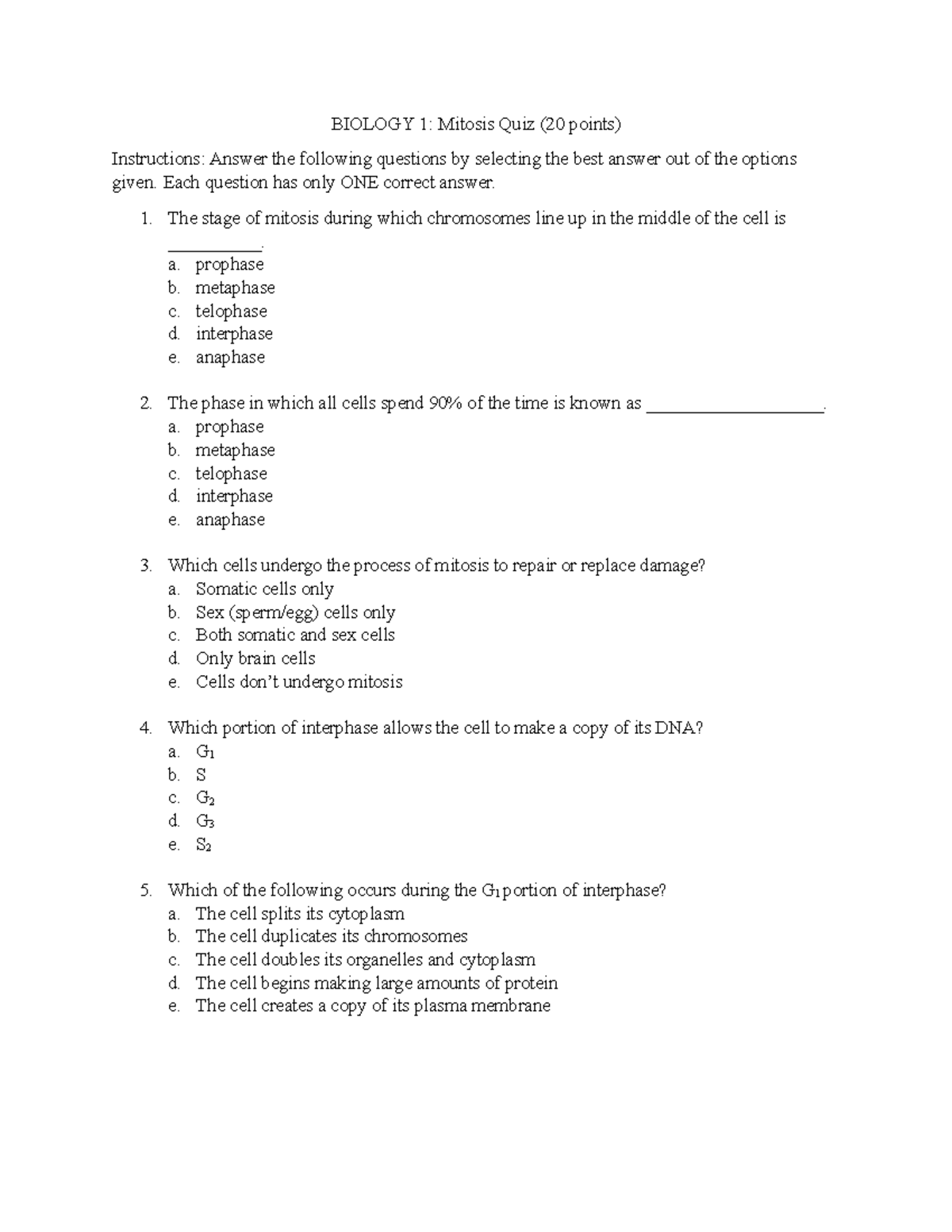 Biology 1 Mitosis quiz - BIOLOGY 1: Mitosis Quiz (20 points ...