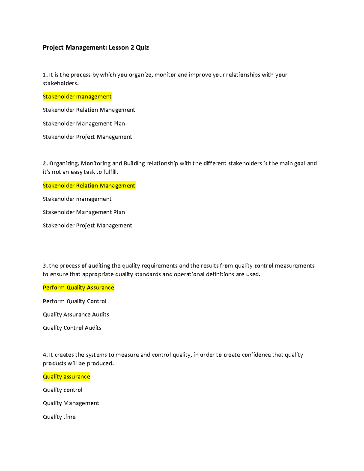 Lesson 2 Quiz#4 Answer Key - Project Management: Lesson 2 Quiz It is ...