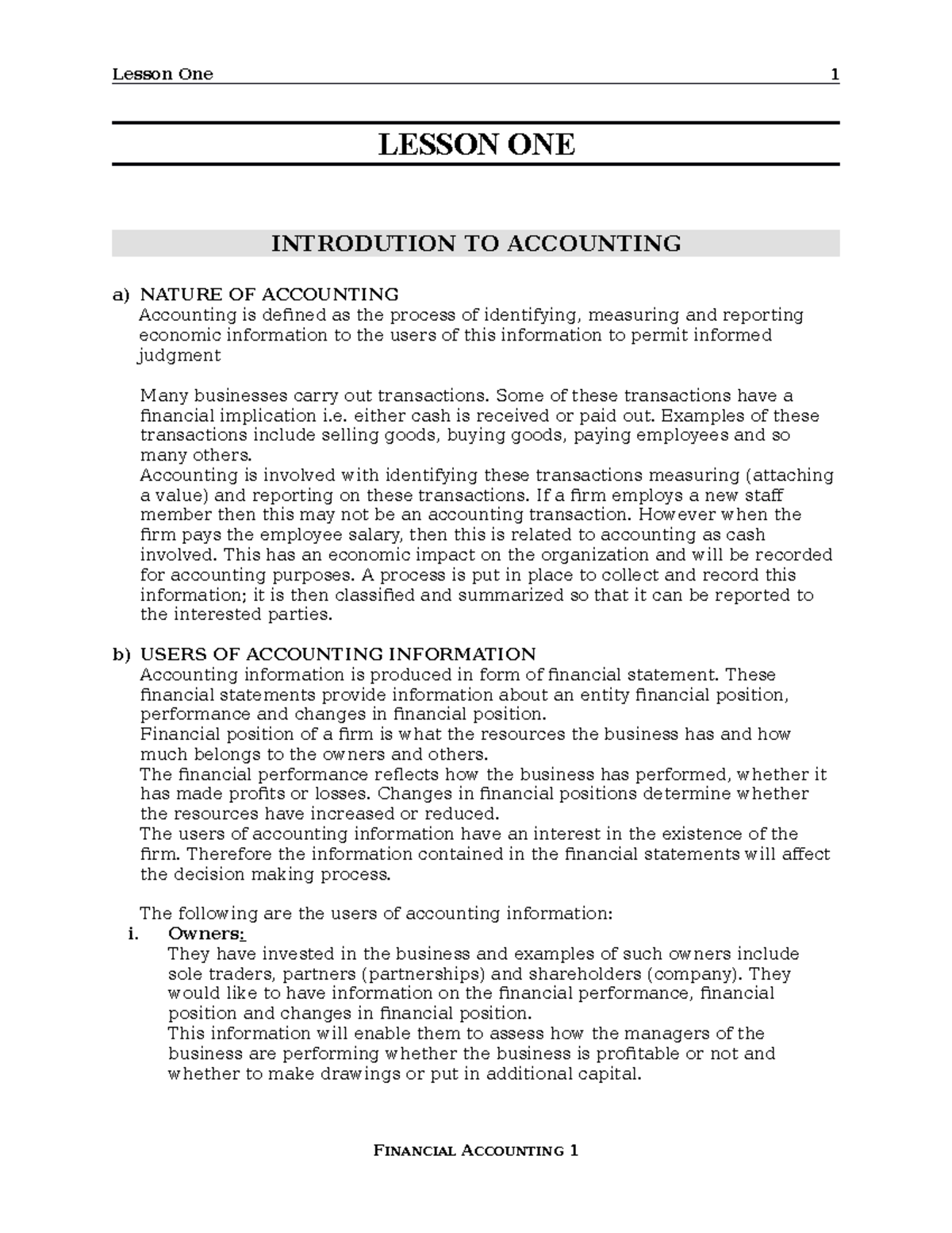 Lesson 1.1 Introduction TO Accounting - Lesson One 1 LESSON ONE ...