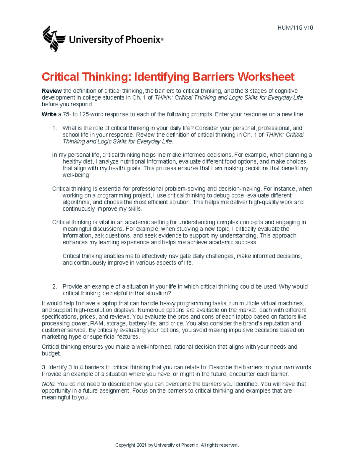 Hum115 v10 wk1 critical thinking identifying barriers worksheet - HUM ...