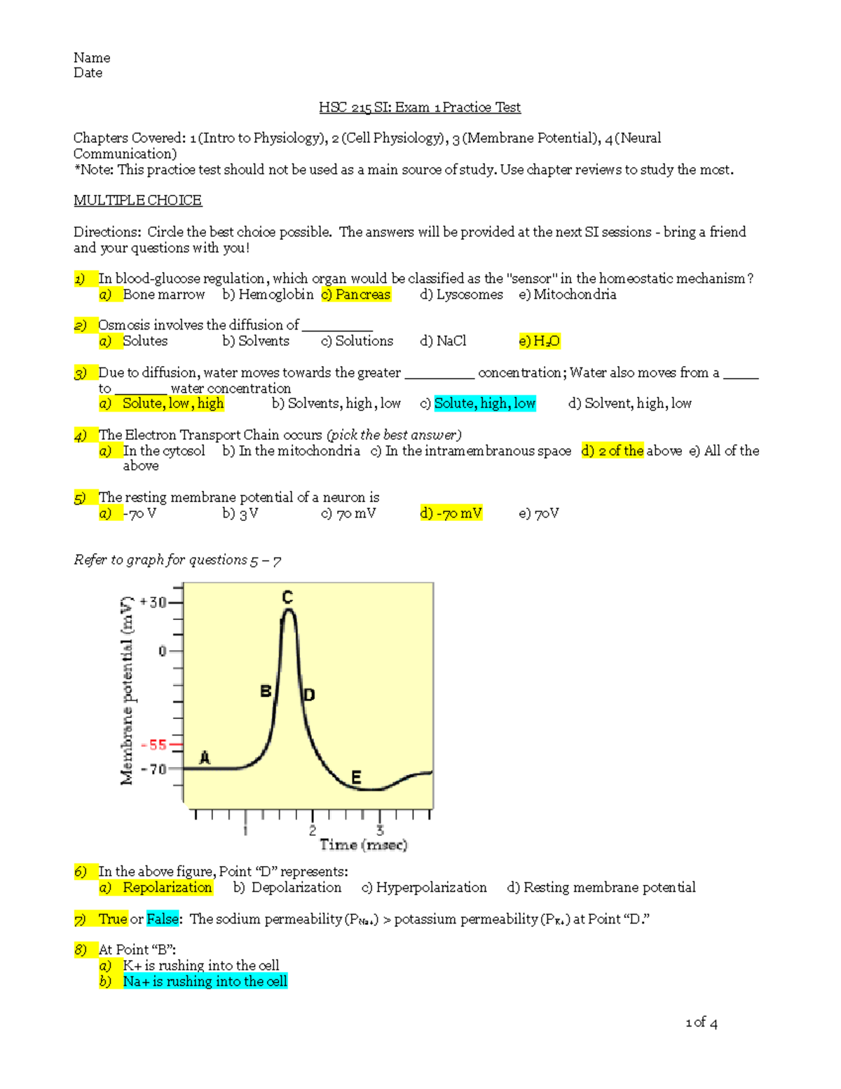 HSC 215 Practice Test - Olivia Riley - Date HSC 215 SI: Exam 1 Practice ...