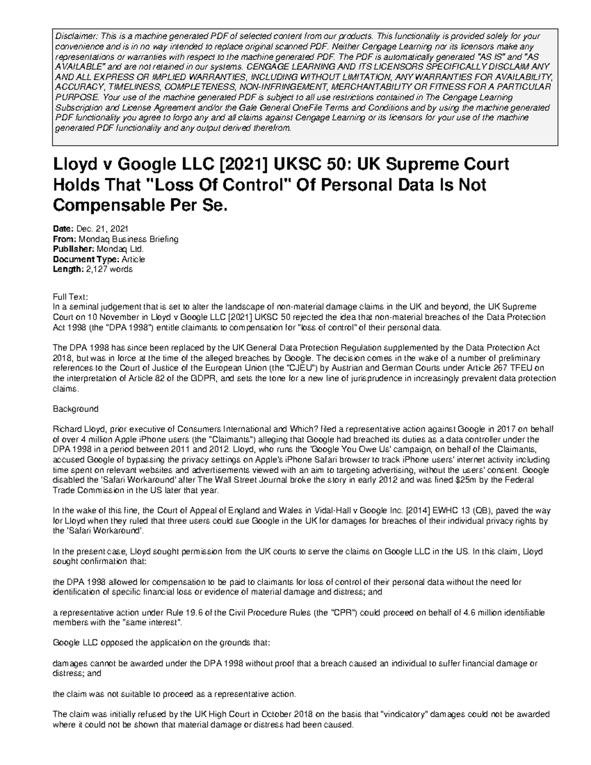 Lloyd v Google LLC 2021 UKSC 5 - Disclaimer: This is a machine ...