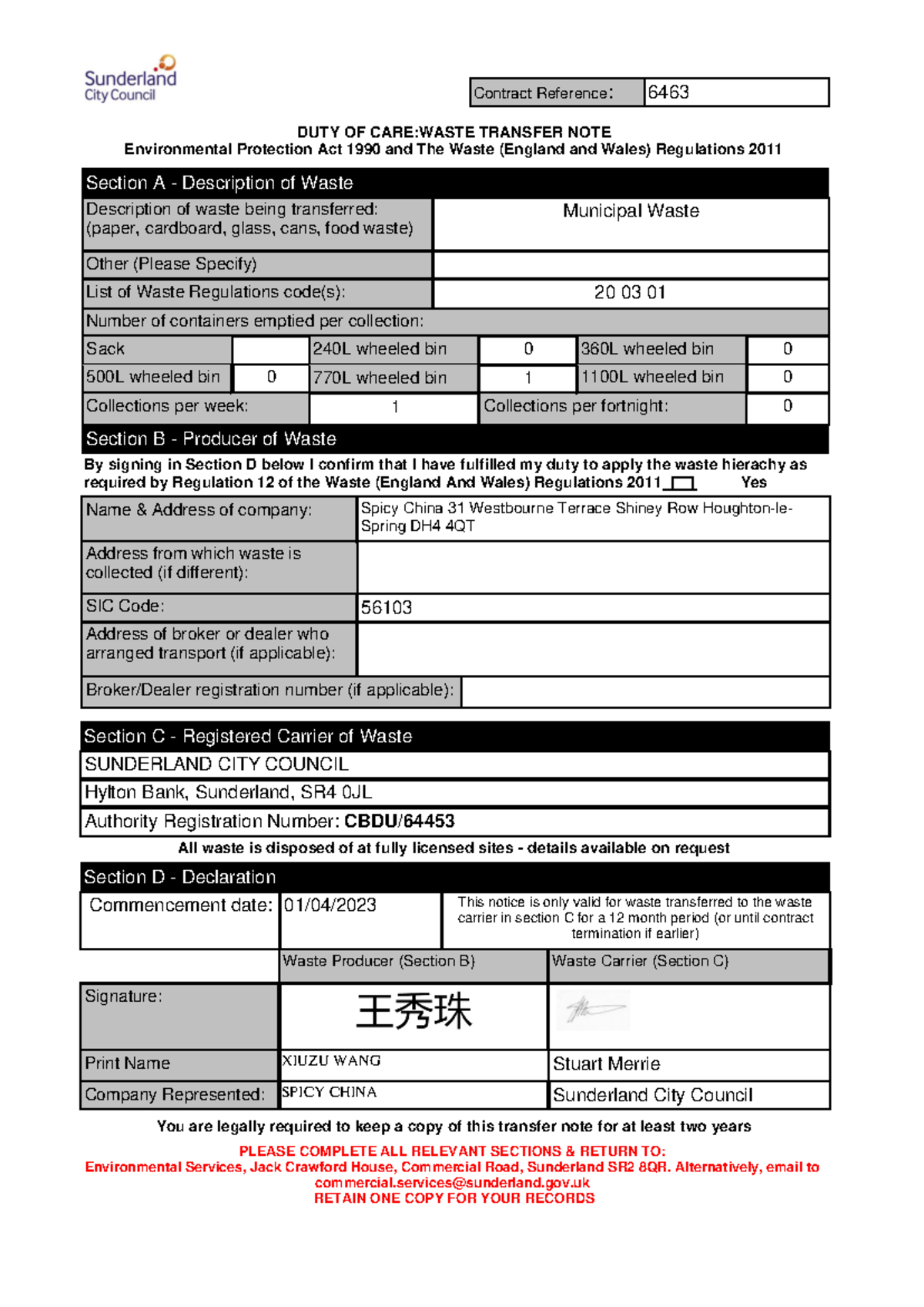 Trade Waste Certificate 6463 - DUTY OF CARE:WASTE TRANSFER NOTE ...