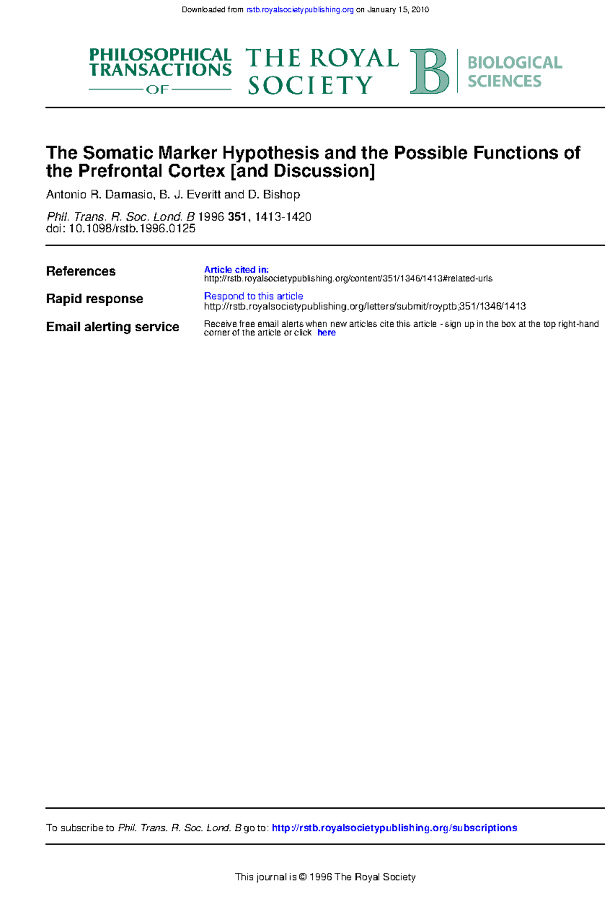 Damasio 1996 The Somatic Marker Hypothesis - doi: 10.1098/rstb. Phil ...
