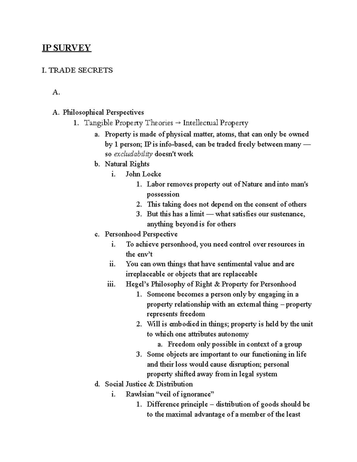 IP Survey Outline II Final Ochoa - IP SURVEY I. TRADE SECRETS A. A ...