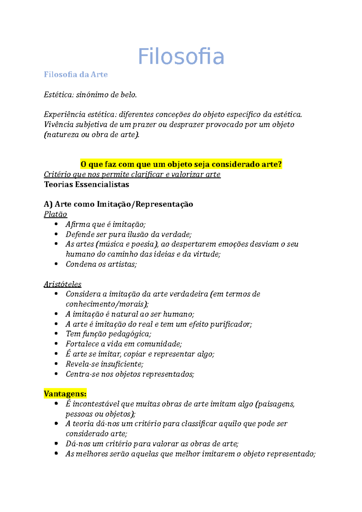 Resumo de Filosofia - Filosofia Filosofia da Arte Estética: sinónimo de ...