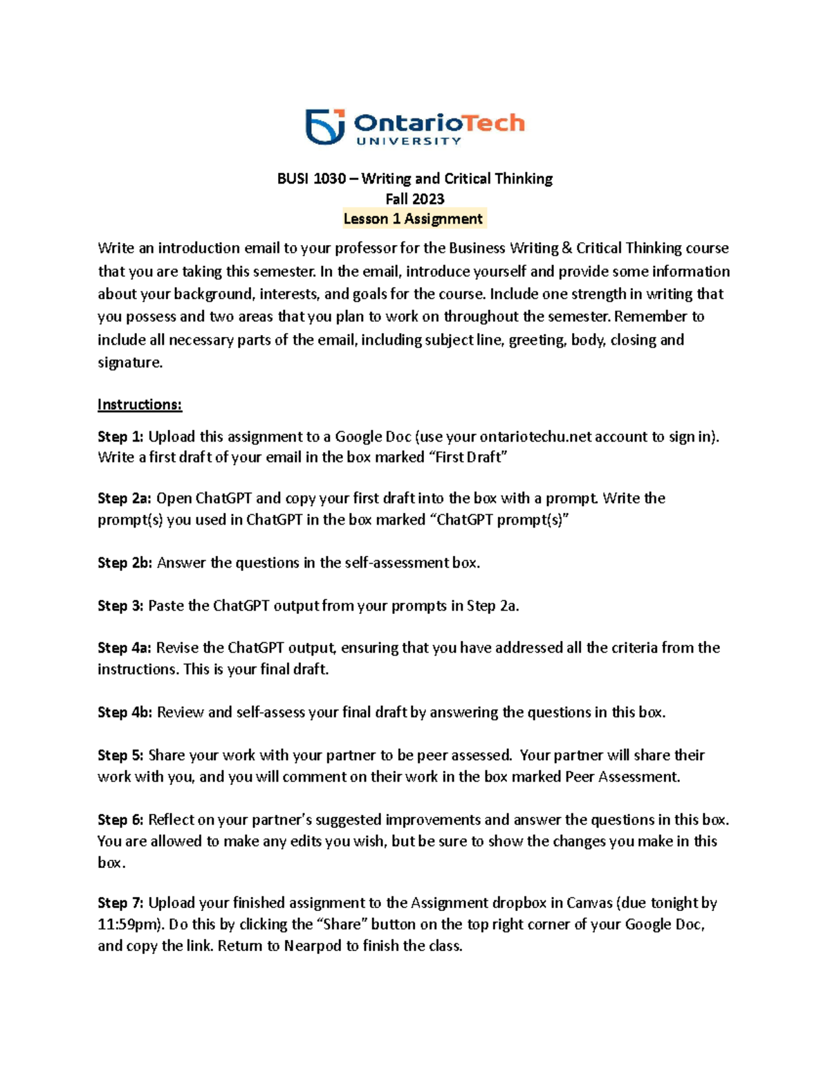 Lesson 1 Assignment F23-1 - BUSI 1030 – Writing and Critical Thinking ...