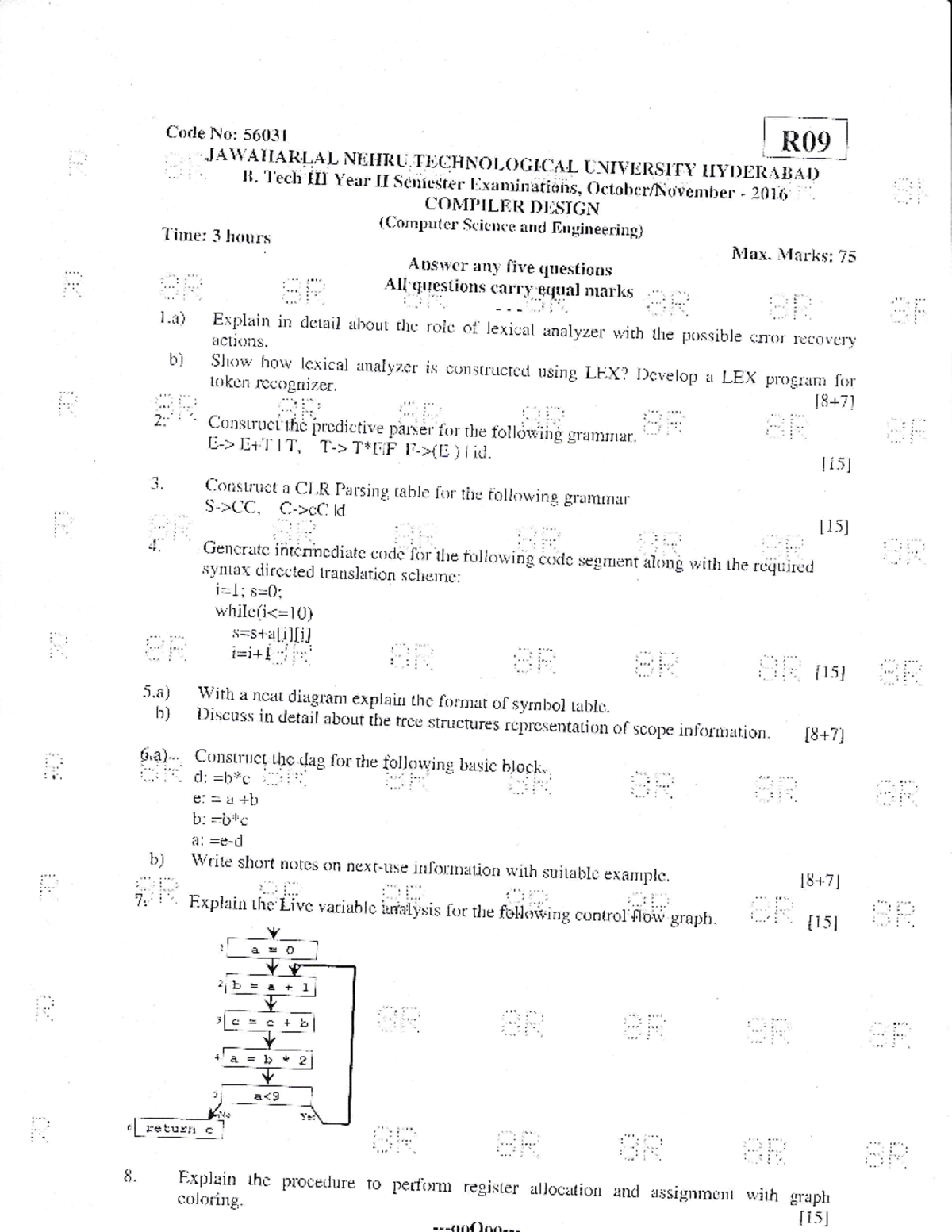 Compiler Design - Time: 3 hours Max. Marks: 75 t15l [8+7] 1) h) ,.) L ...
