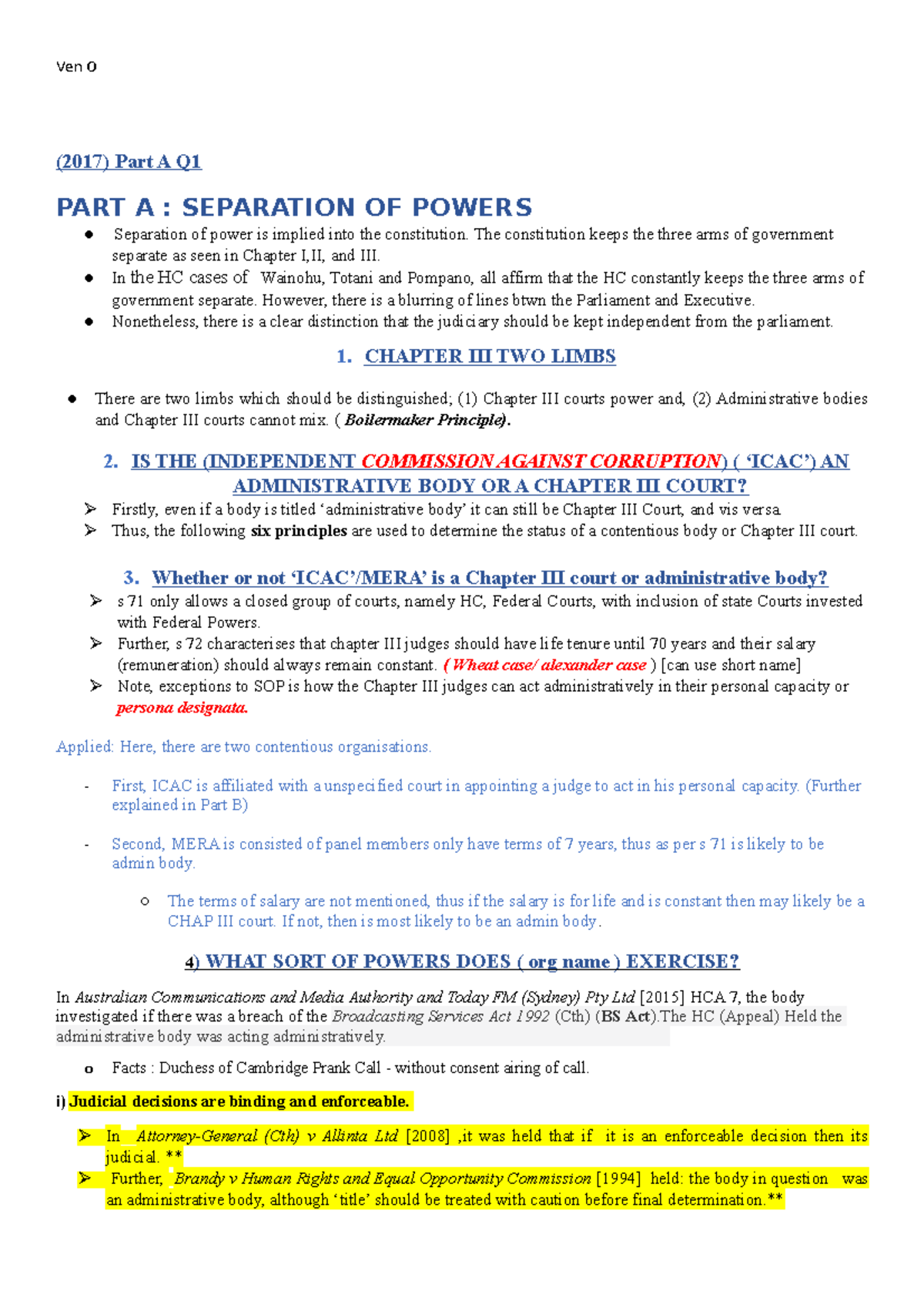 Constitutional Law Exam Notes (1) - (2017) Part A Q PART A : SEPARATION ...