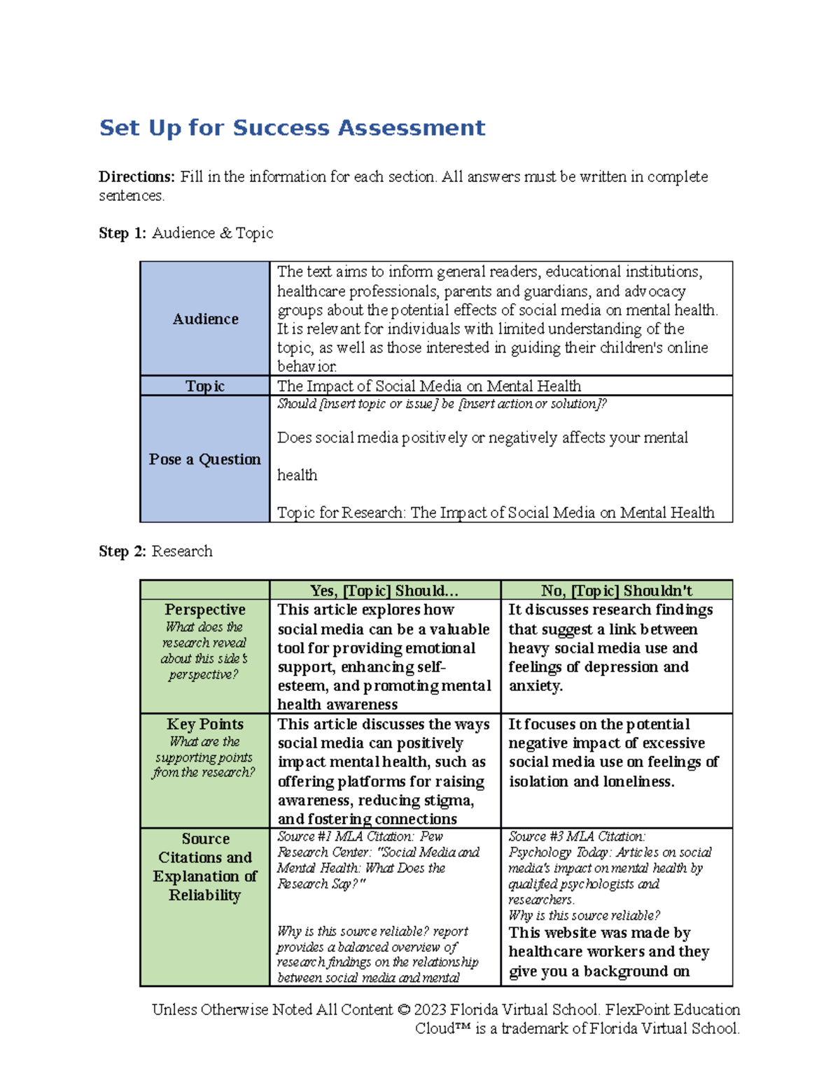 Set up for success assess rubric - Set Up for Success Assessment ...