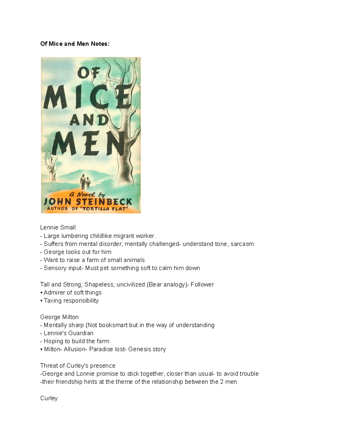 Of Mice and Men Notes - Of Mice and Men Notes: Lennie Small Large ...