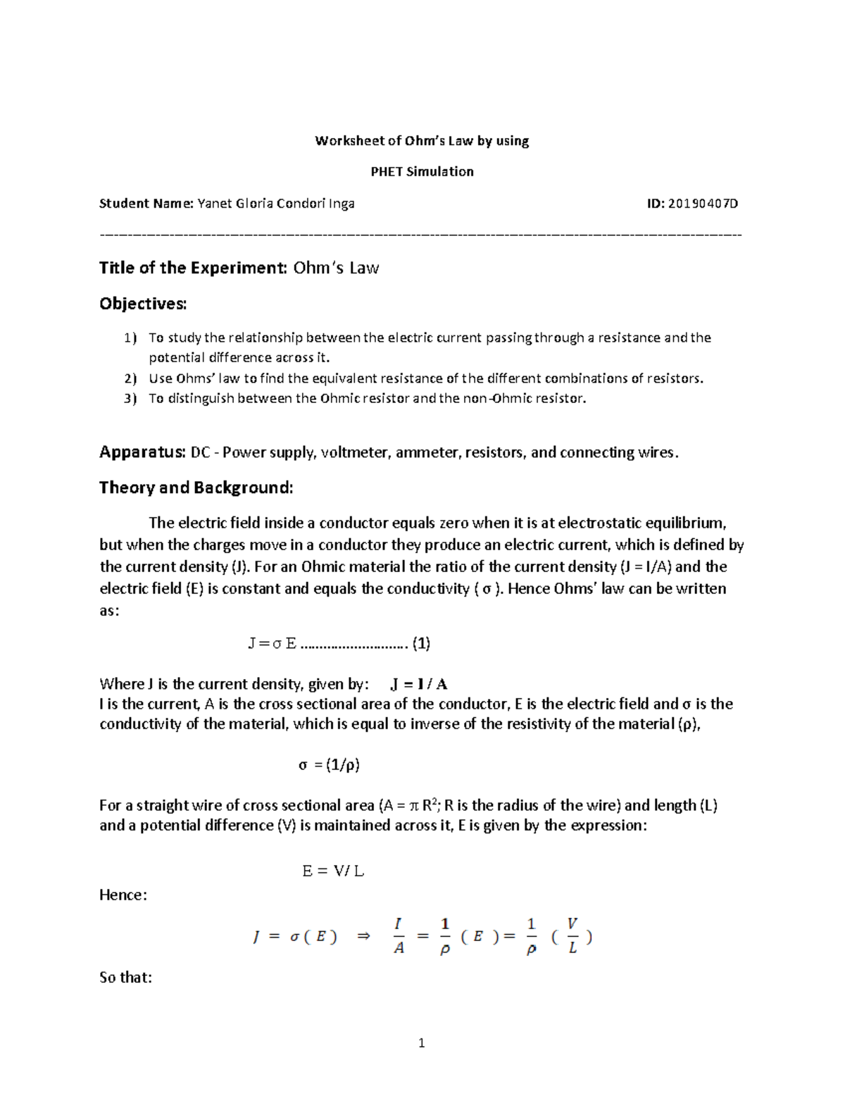 Ohms Law - Online - PHET 1 - Worksheet of Ohm’s Law by using PHET ...