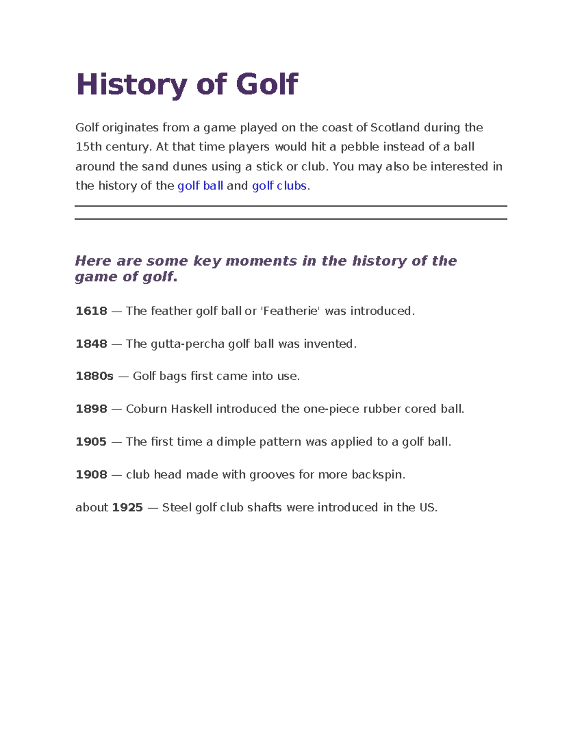 History of Golf - game - History of Golf Golf originates from a game ...