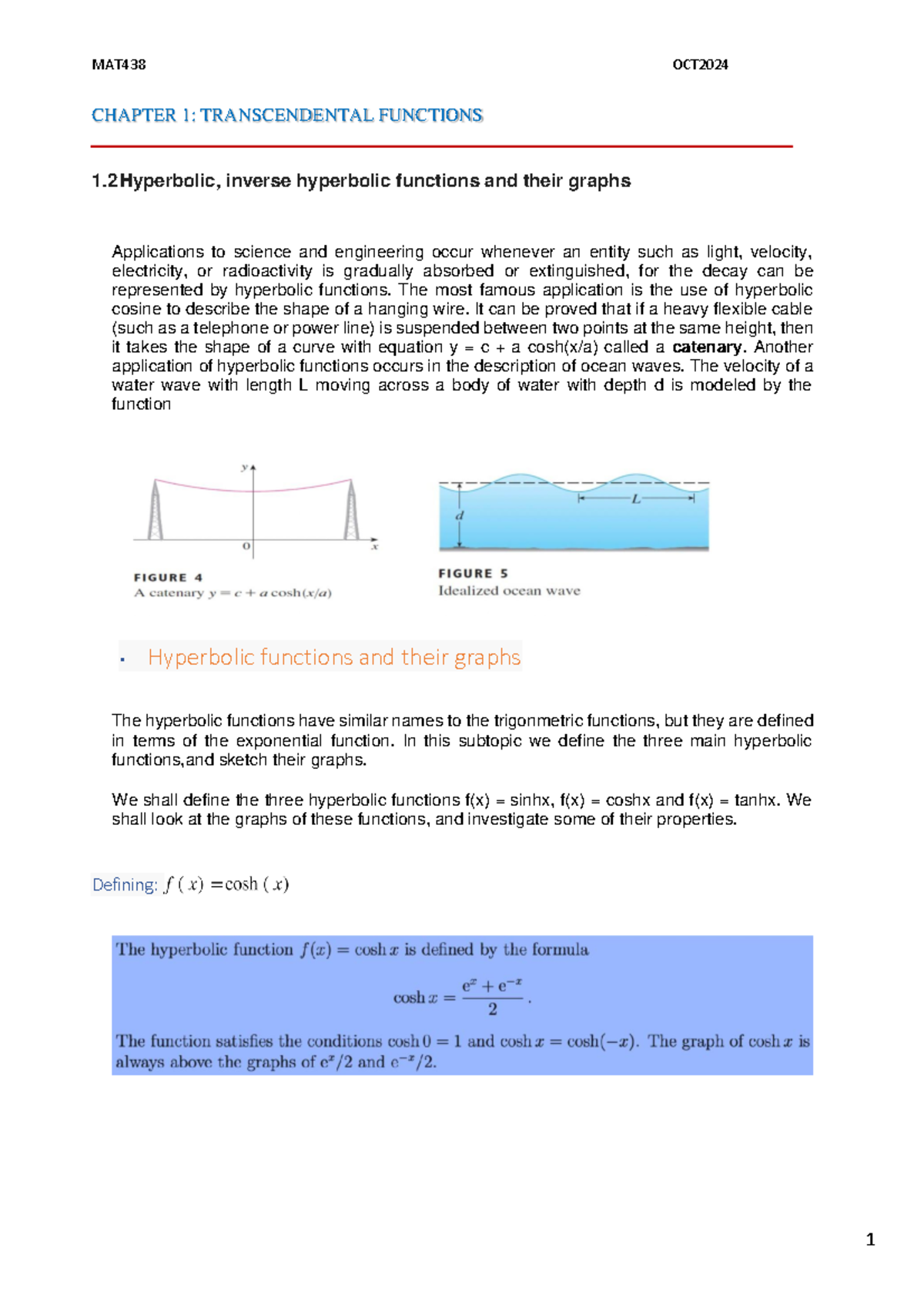 MAT438 function - CHAPTER 1 : TRANSCENDENTAL FUNCTIONS 1 Hyperbolic, inverse hyperbolic ...
