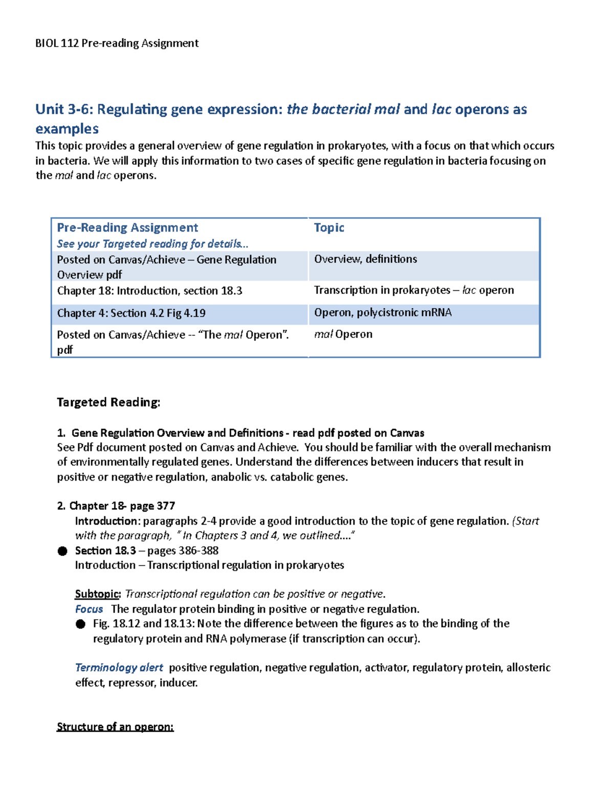 3.6 TRG Regulating Gene Expression (3ed) Operons Student - BIOL 112 Pre ...
