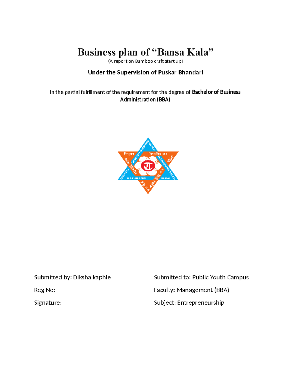Business Plan - Summary bachelors in law - Business plan of “Bansa Kala ...
