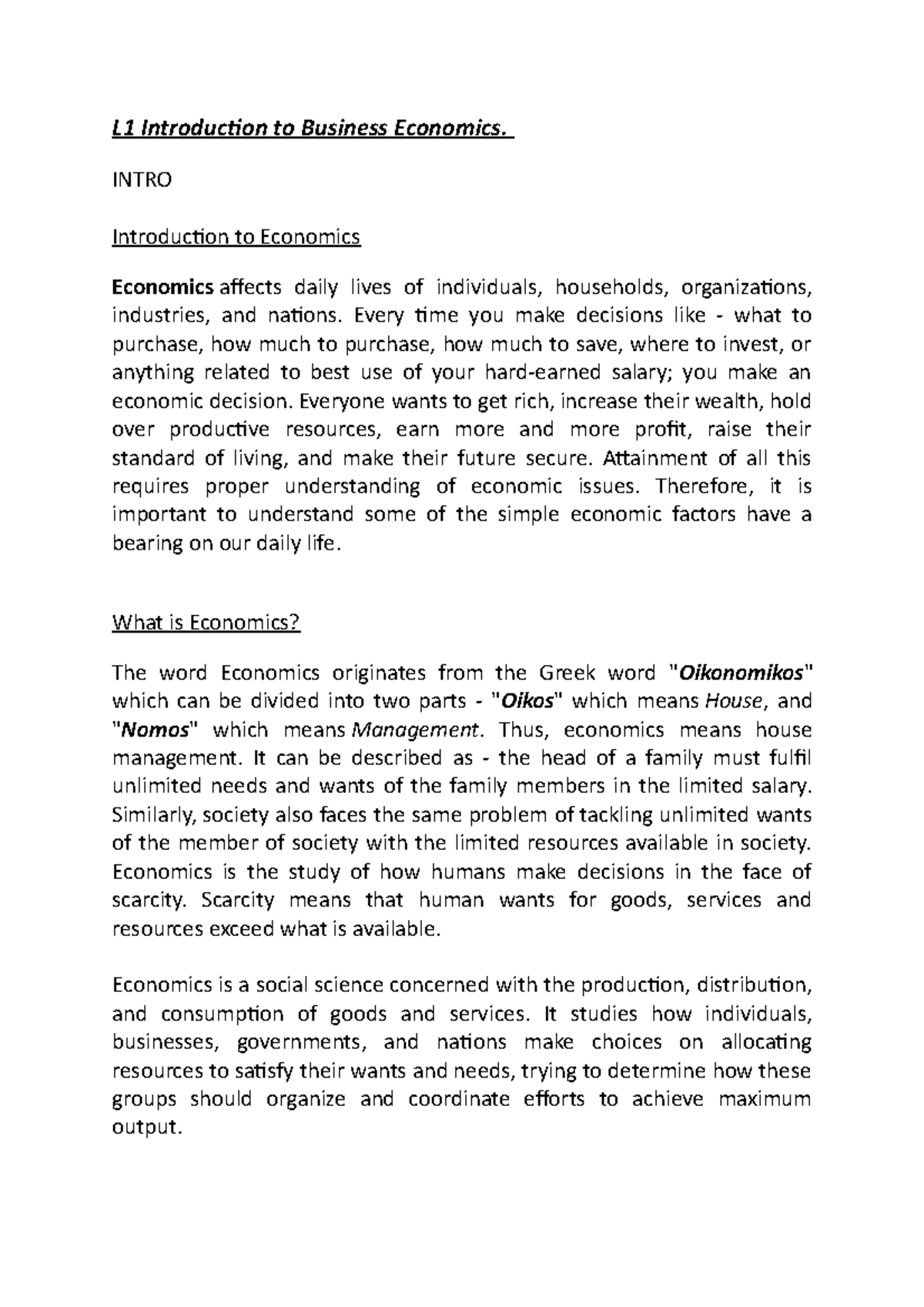 L1 Introduction to Business Economics - INTRO Introduction to Economics ...