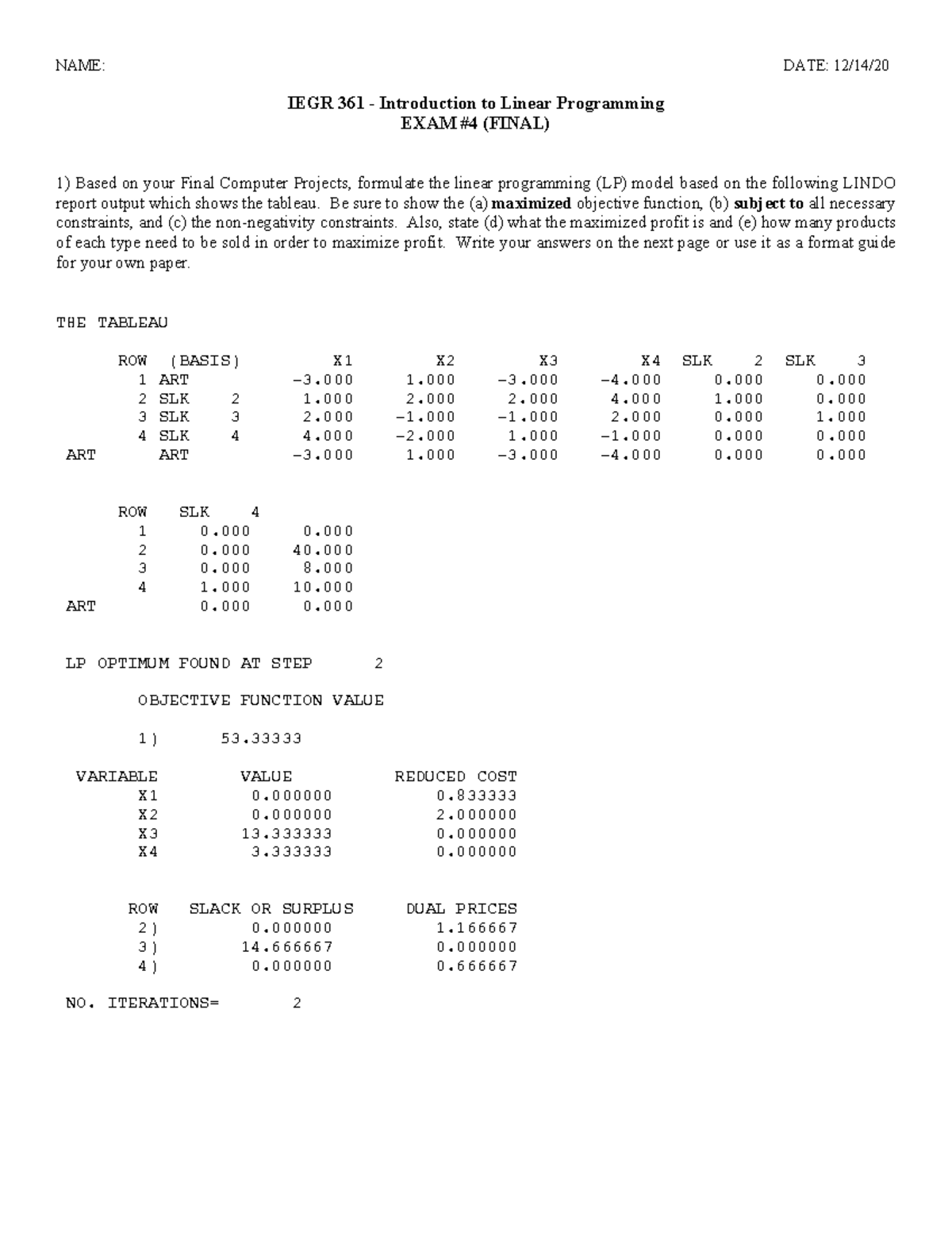 Final EXAM4 Linear Programing - IEGR 361 - Introduction to Linear ...