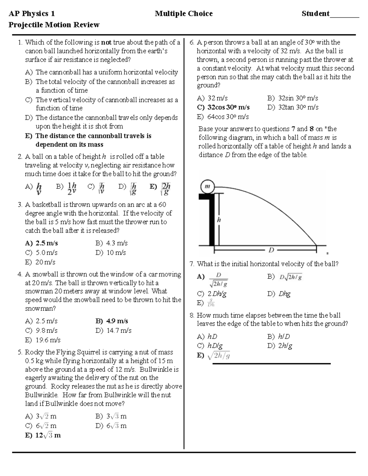 Projectile Motion Multiple Choice Answer KEY - AP Physics 1 Multiple ...