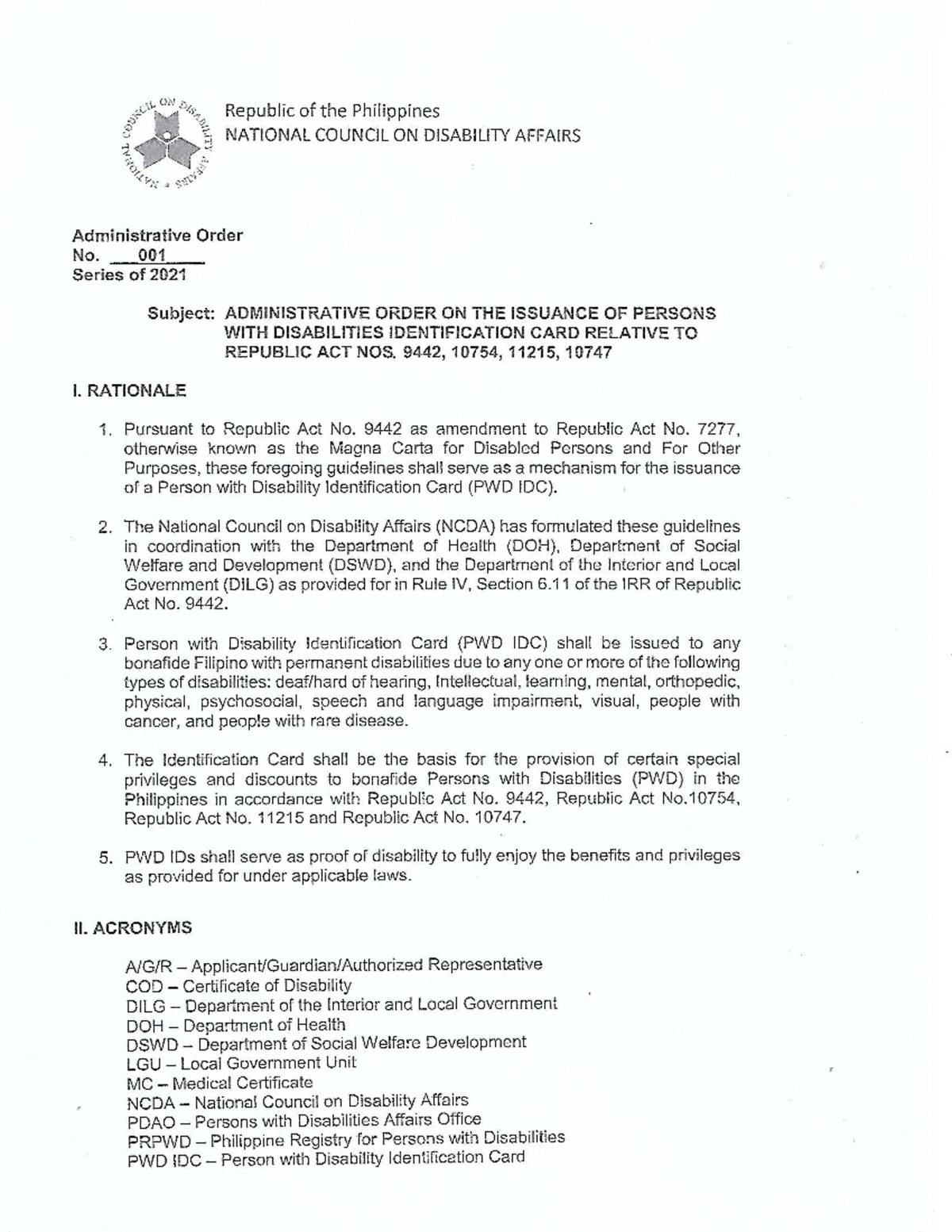 NCDA Administrative Order 001 – 2021 - BS Psychology - Studocu