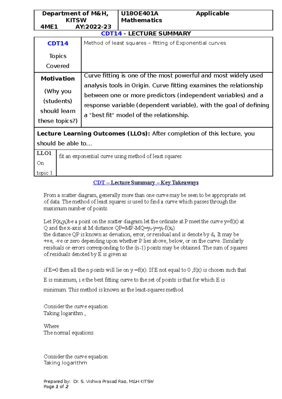 CDT14 Unit 2 Exponential Curve Fitting - Department of M&H, KITSW 4ME1 ...