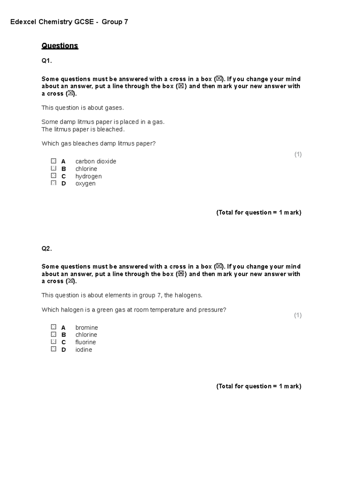 Group 7 Elements Exam Questions - Edexcel Chemistry GCSE - Group 7 ...