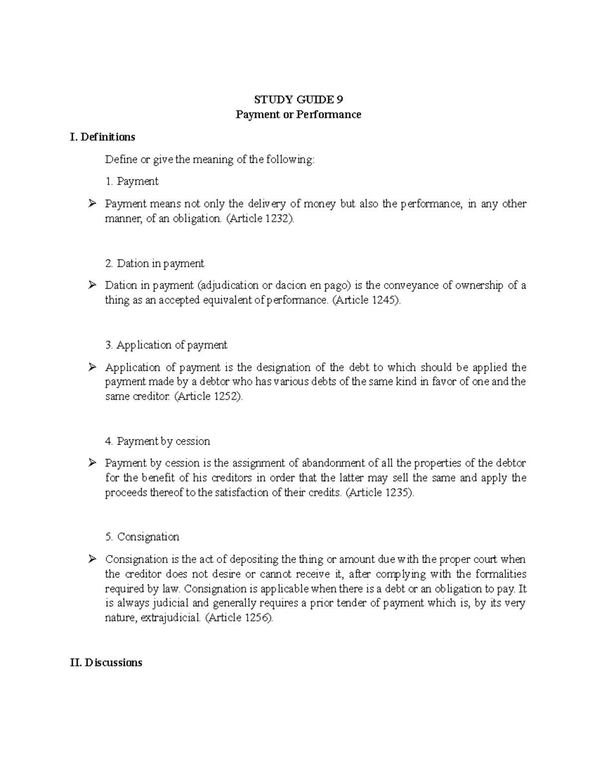 Oblicon Study Guide (12) - STUDY GUIDE 9 Payment or Performance I ...