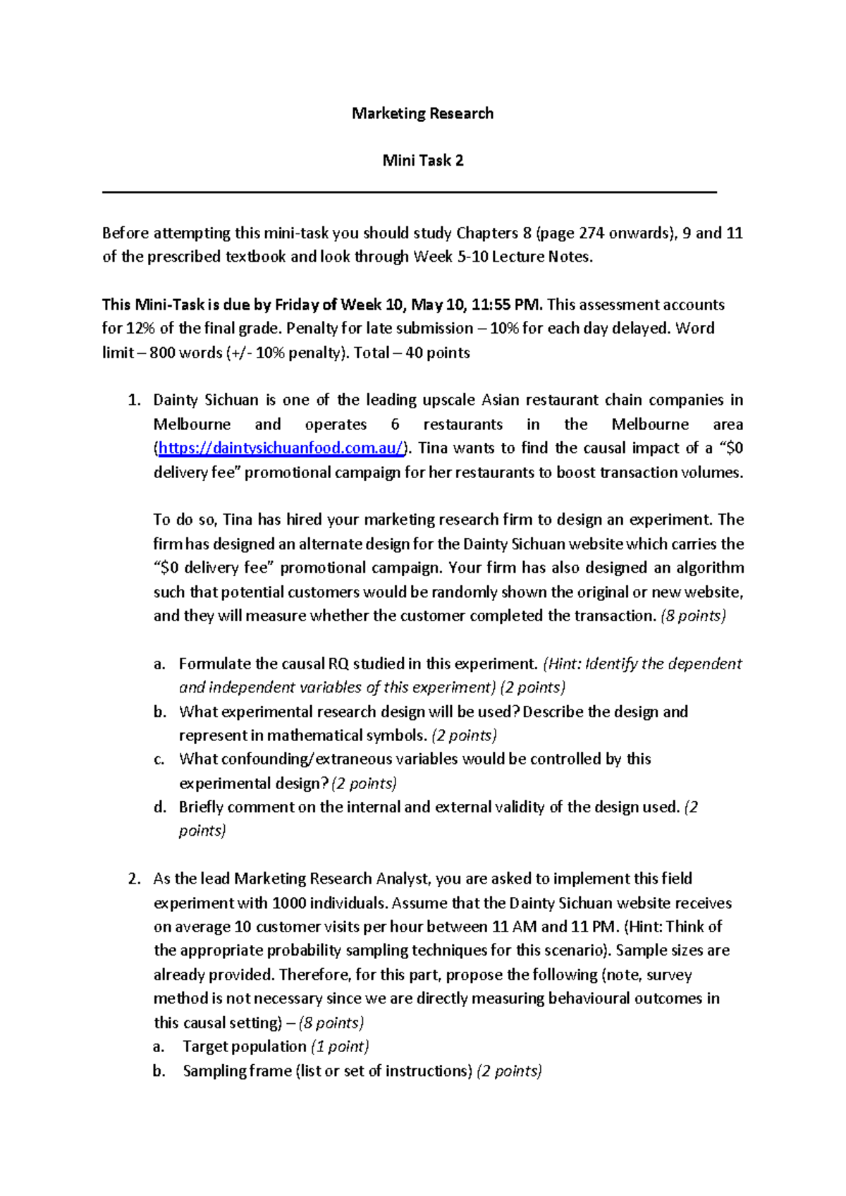 Mini Task 2 - Assignment Instruction - Marketing Research Mini Task 2 ...