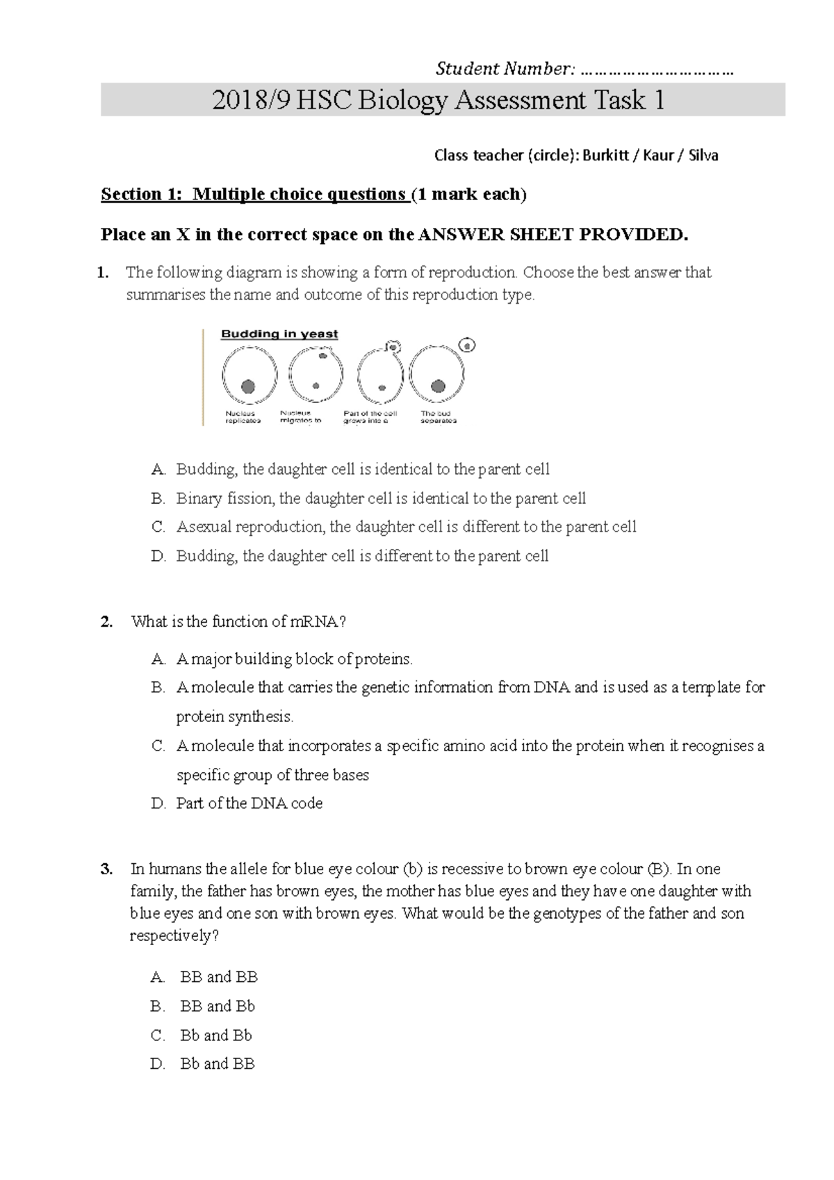 Answers HSC Biology Task 1 2018 - Student Number ...