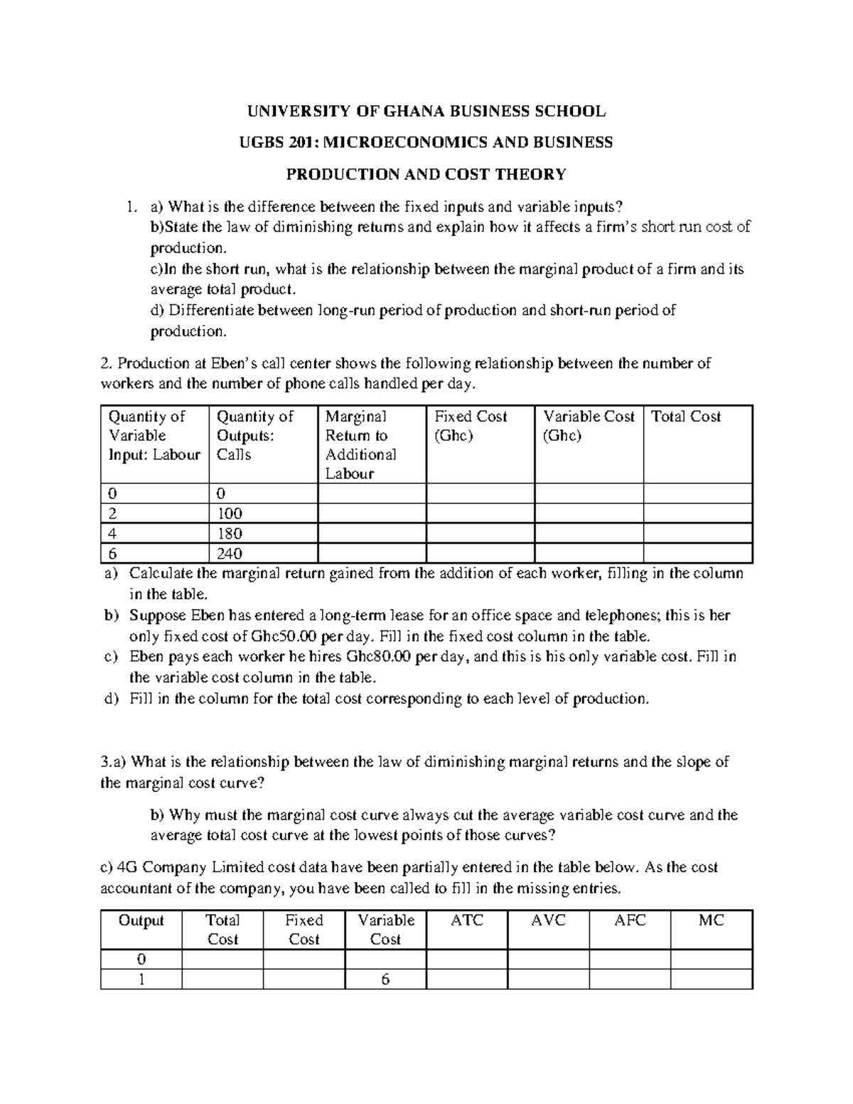 Tutorial SET 3 & 5 - UNIVERSITY OF GHANA BUSINESS SCHOOL UGBS 201: MICROECONOMICS AND BUSINESS ...