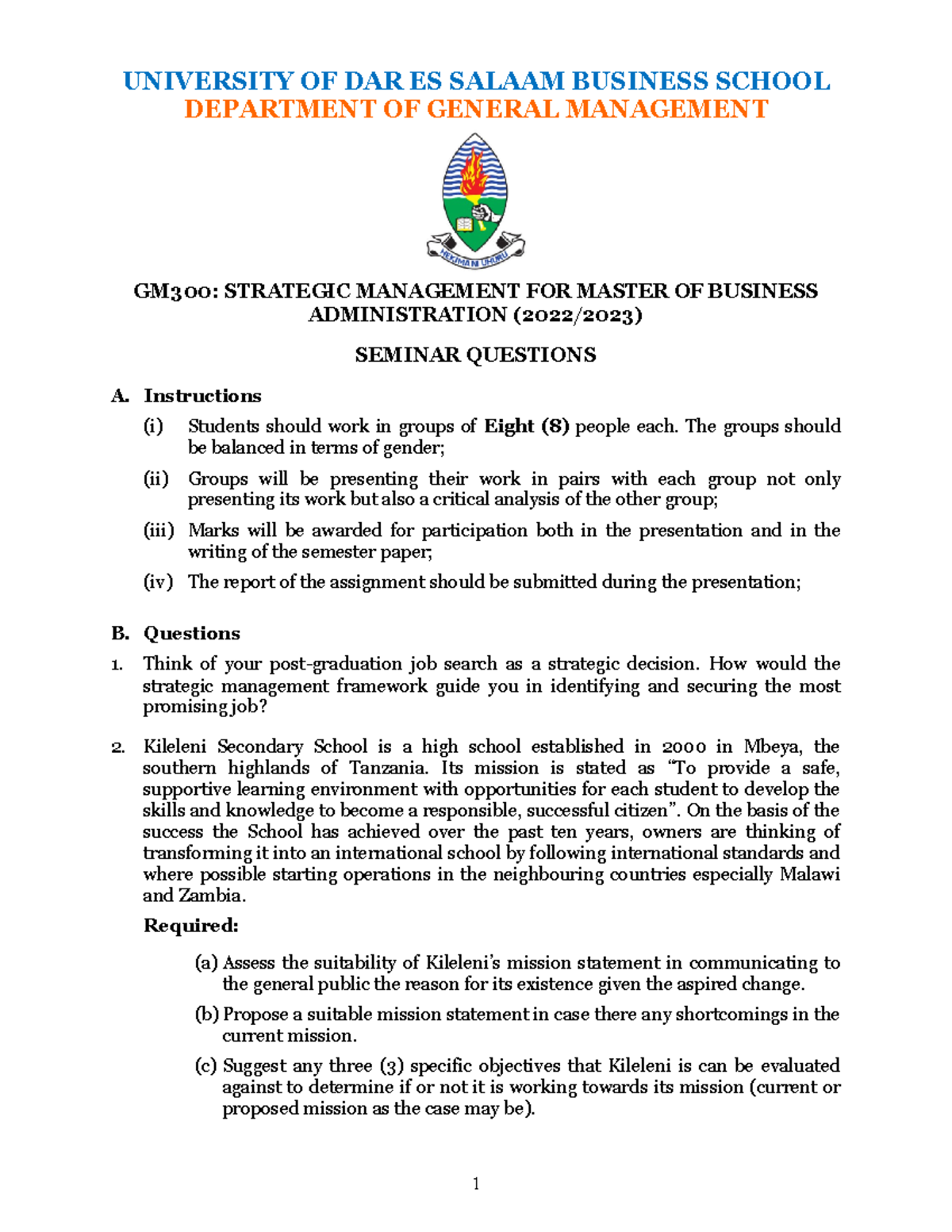 GM602 Seminar Questions (2022'2023) - UNIVERSITY OF DAR ES SALAAM ...