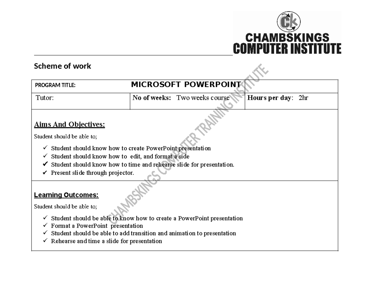 Scheme of work for Powerpiont - Scheme of work PROGRAM TITLE: MICROSOFT ...