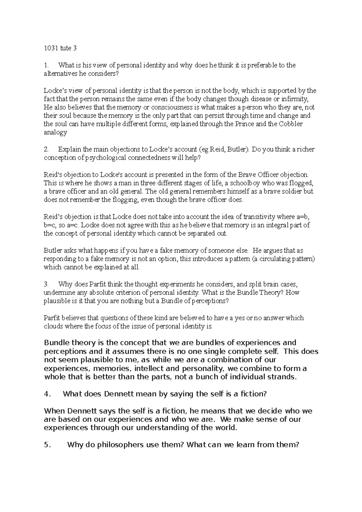 1031 tute 3 - Week 3 Tutorial Work for unit PHIL1031 - 1031 tute 3 What is his view of personal ...